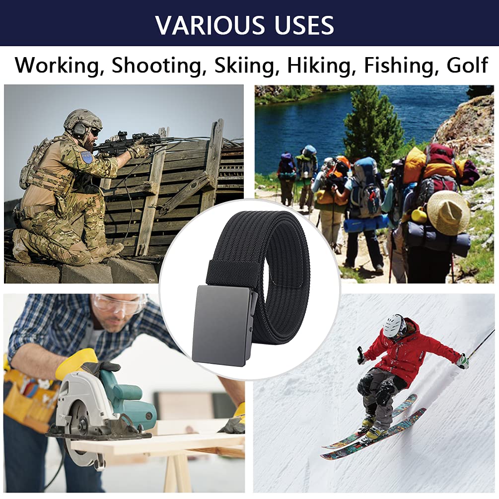 Mens Web Belts for Work, Metal Buckle Field Belt for Outdoor Sport Golf Hiking Skiing, Adjustable for Pants Size Below 46inches[53" Long 1.5" Wide](Black)