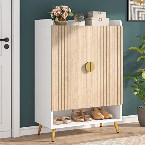 Tribesigns Shoe Cabinet with Doors, 7-Tier Shoe Storage Cabinet with Adjustable Shelves, Wooden Shoes Rack Shoe Storage Organizer for Entryway, Hallway, Closet, Living Room, Wood Color