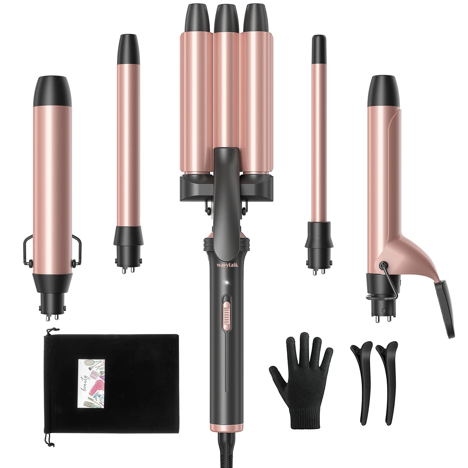 Wavytalk 5 in 1 Curling Iron Set with Three Barrel Curling Iron and 4 Interchangeable Ceramic Fast Heating Wand Curling Iron, Dual Voltage Hair Waver (Rose Gold)