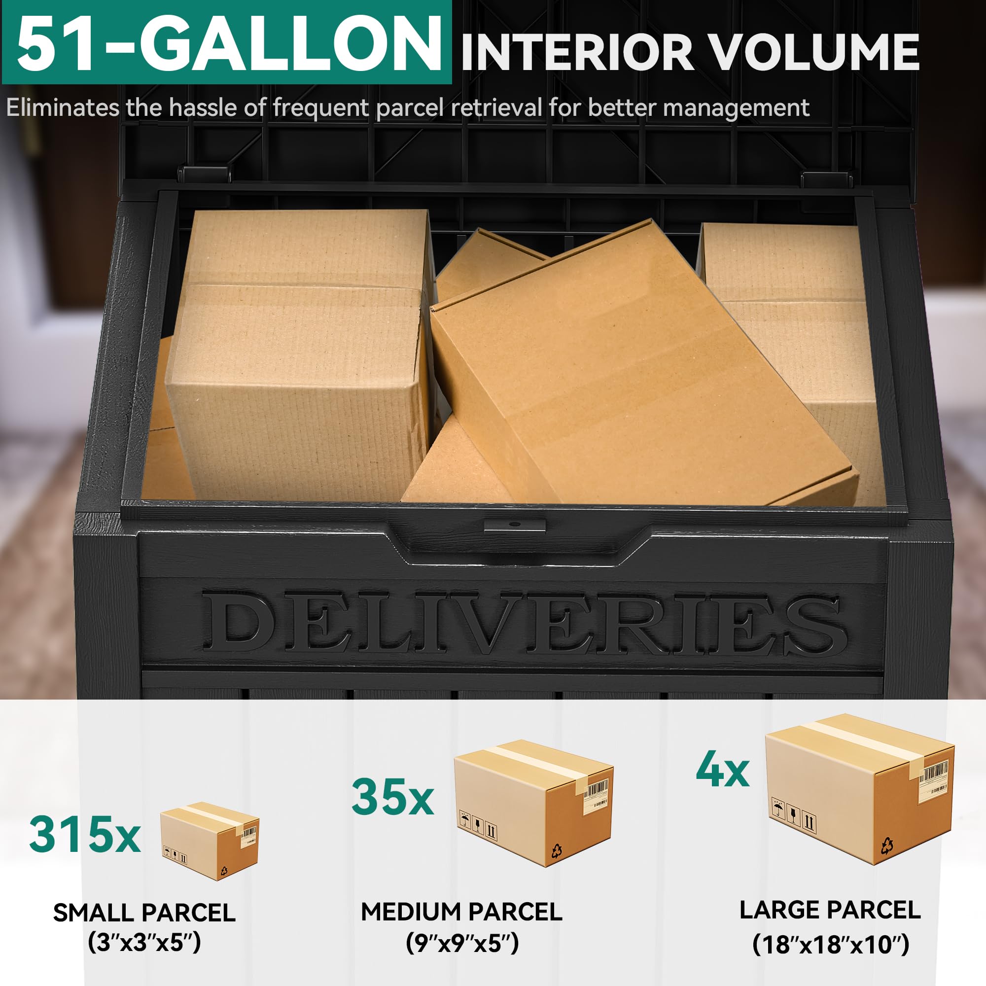 YITAHOME 51 Gallon Resin Package Delivery Box for Outside, Storage Box with Lockable Secure, Resin Deck Box for Porch, Curbside(Black)