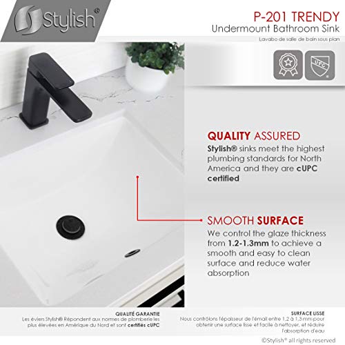 STYLISH 18 1/4 inch Ceramic Porcelain Rectangular Undermount Bathroom Sink with Polished Chrome and Matte Black Overflow, P-201 (White with Chrome and Matte Black Overflow)