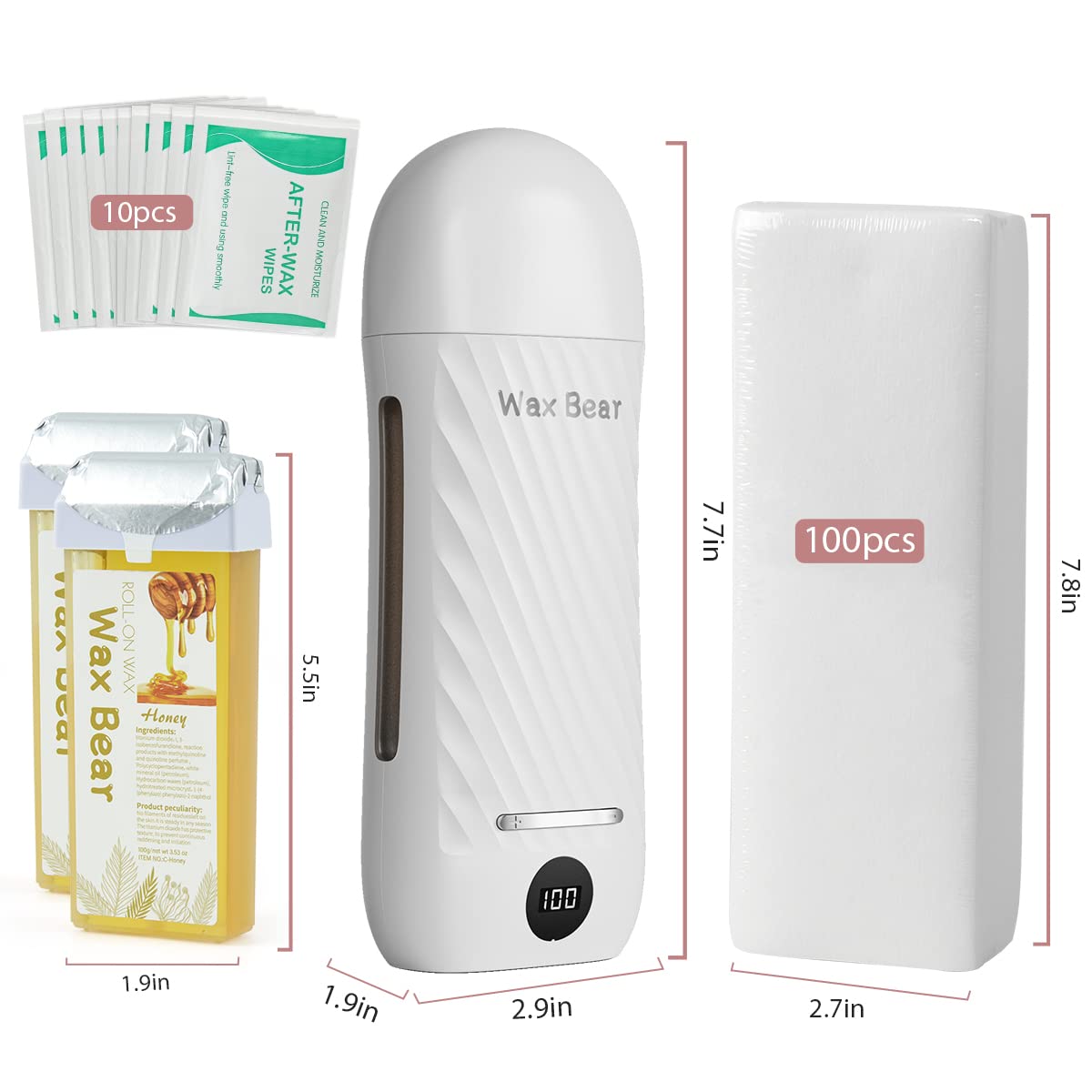 Wax Bear Roll on Wax Warmer Kit with Honey Wax Cartridges for Coarse Hair Removal - Professional At-Home Waxing