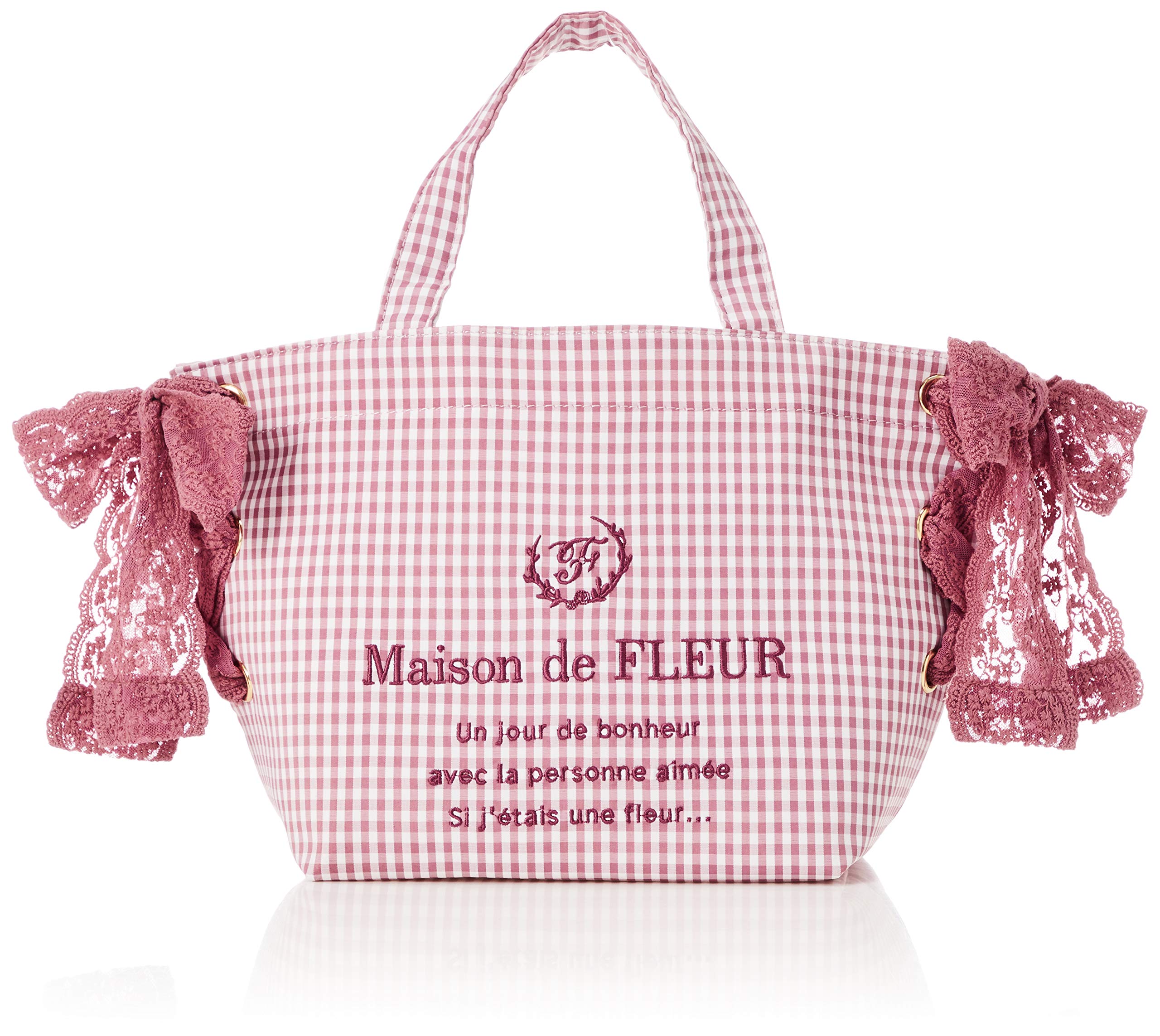 Maison de Fleur 8A11F0J8100 Women's Gingham Plaid Lace Side Ribbon Tote, Pink