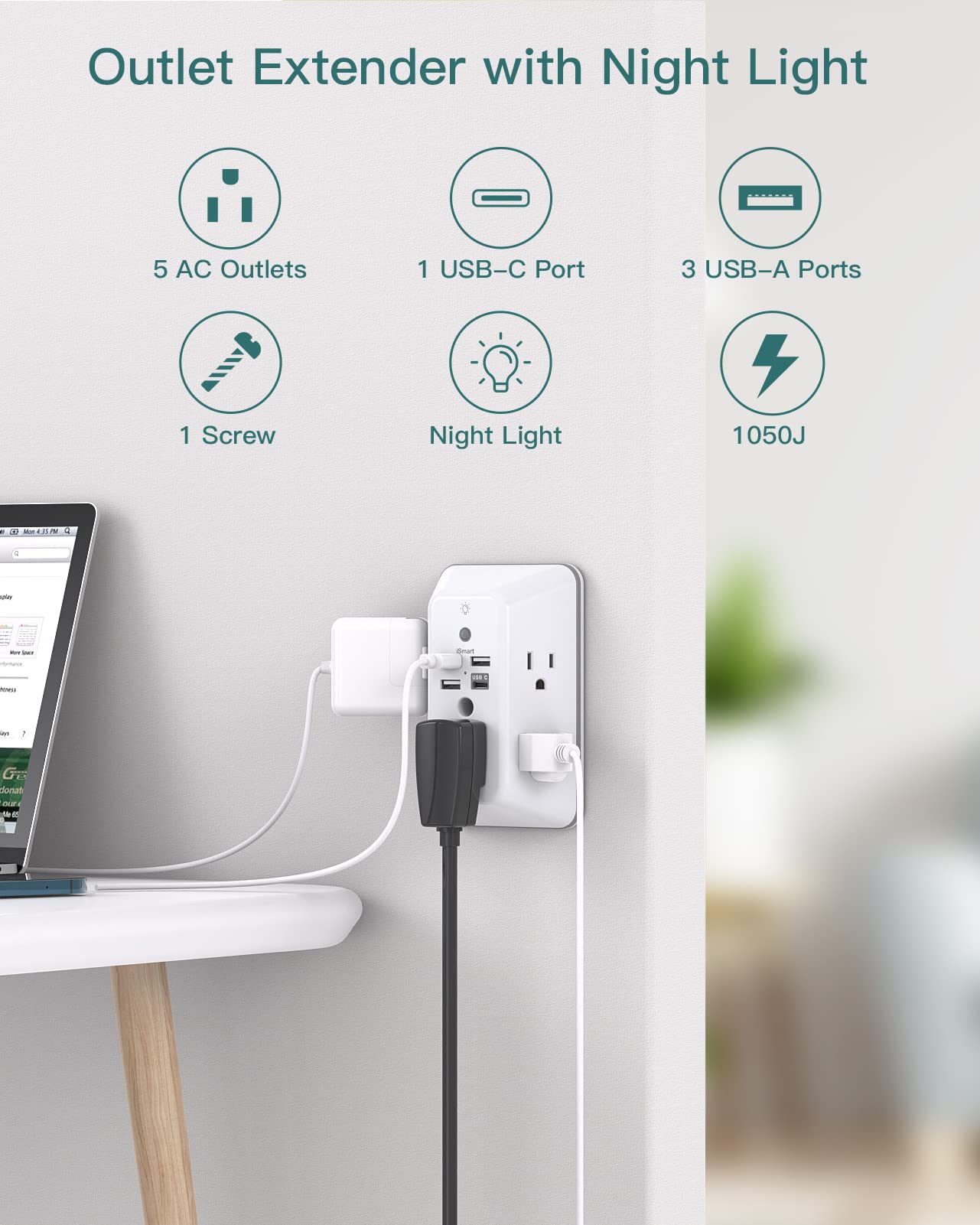 Surge Protector, Outlet Extender with Night Light, Addtam 5-Outlet Splitter and 4 USB Ports(1 USB C) and Power Strip Surge Protector 6 Outlets and 3 USB Ports, Wall Mount for Home, Office and Dorm