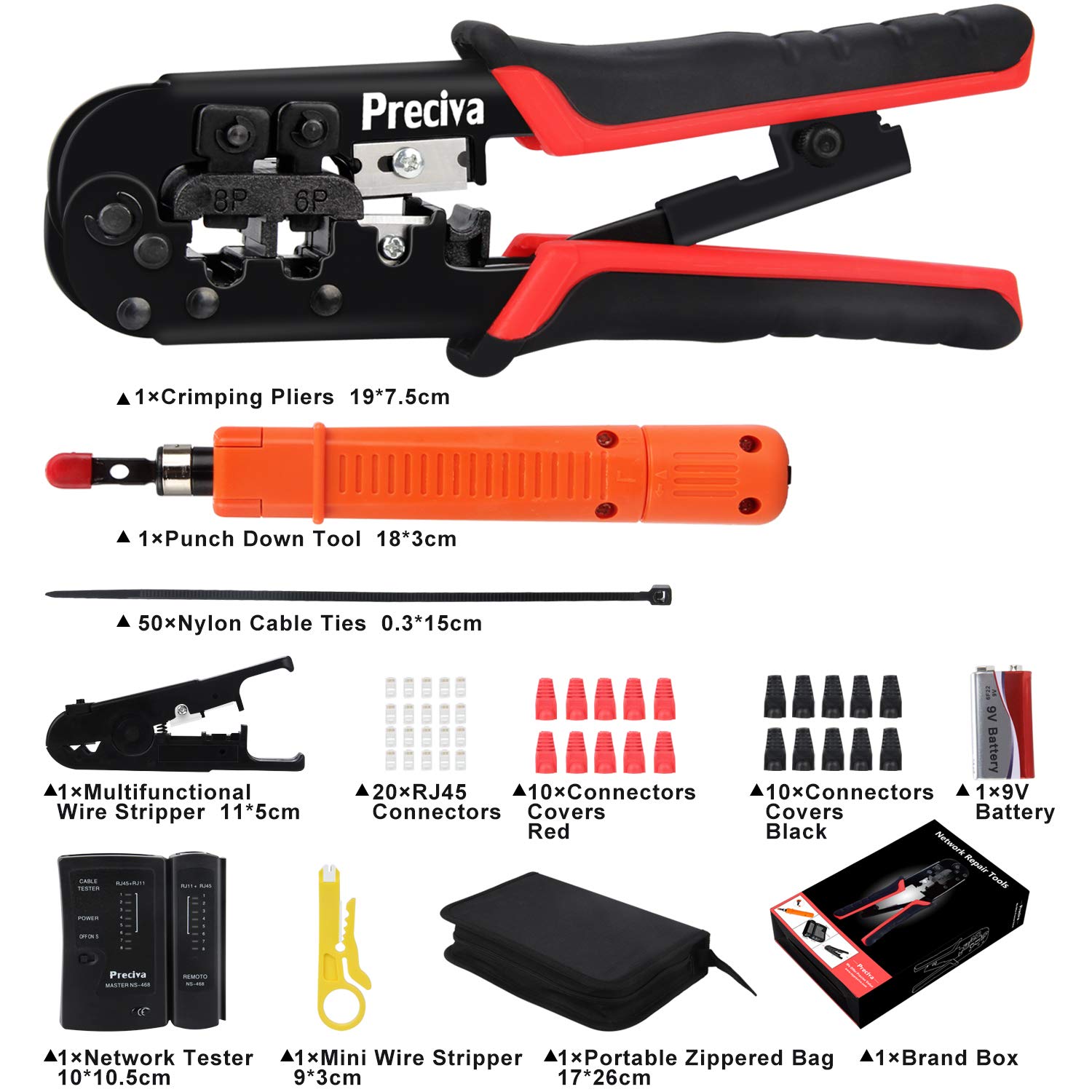 RJ45 Crimper Tool Kit, Preciva Cat5 Cat5e Ethernet Crimping Tool Set with One Network Cable Tester, 20PCS RJ45 Connectors, One Wire Stripper, 50PCS Cable Ties and Wire Punch Down Impact Tool