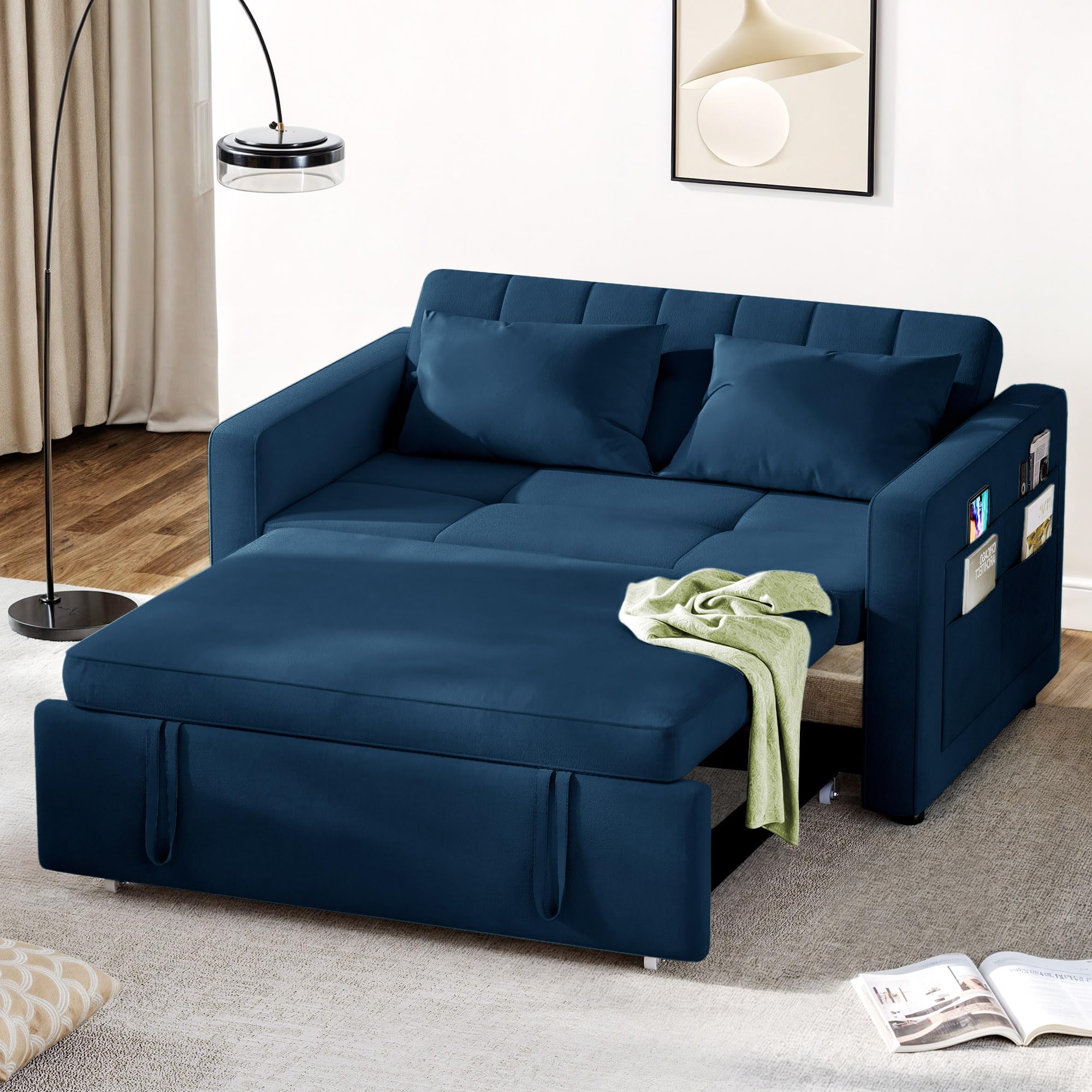 YITAHOME 55" Convertible Sofa Bed, 3-in-1 Sleeper Sofa with Pull-Out Bed, Cat-Scratch-Proof Fabric Futon Couch with Reclining Backrest and Side Pocket, Loveseat for Living Room, Grey, Full Size