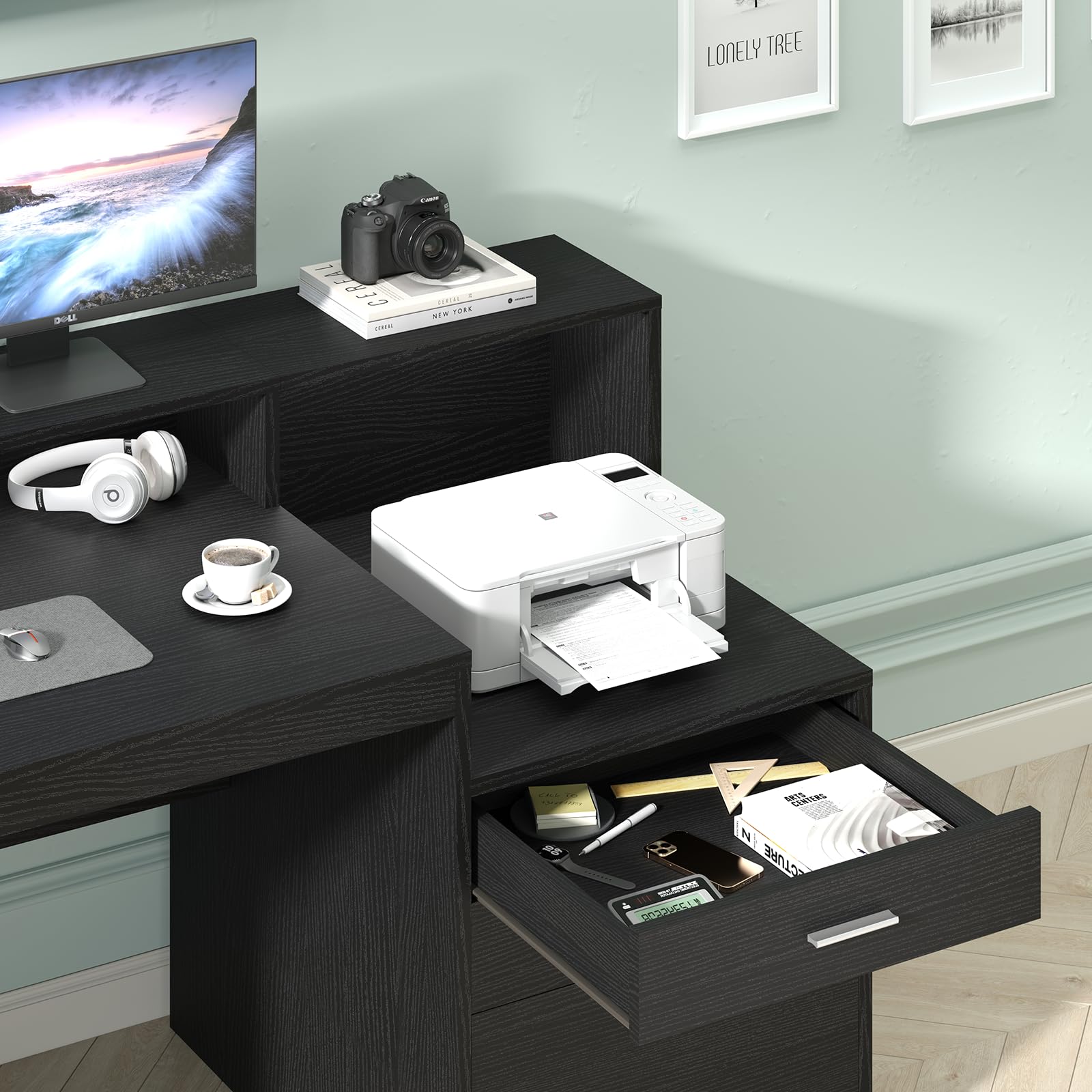 TVU 65" Computer Desk with 3 Drawers & Printer Stand, Office Desk with Monitor Stand & Storage Cabinet, Gaming Desk with Storage Shelf & Large Desktop, White Writing Desk for Home Office