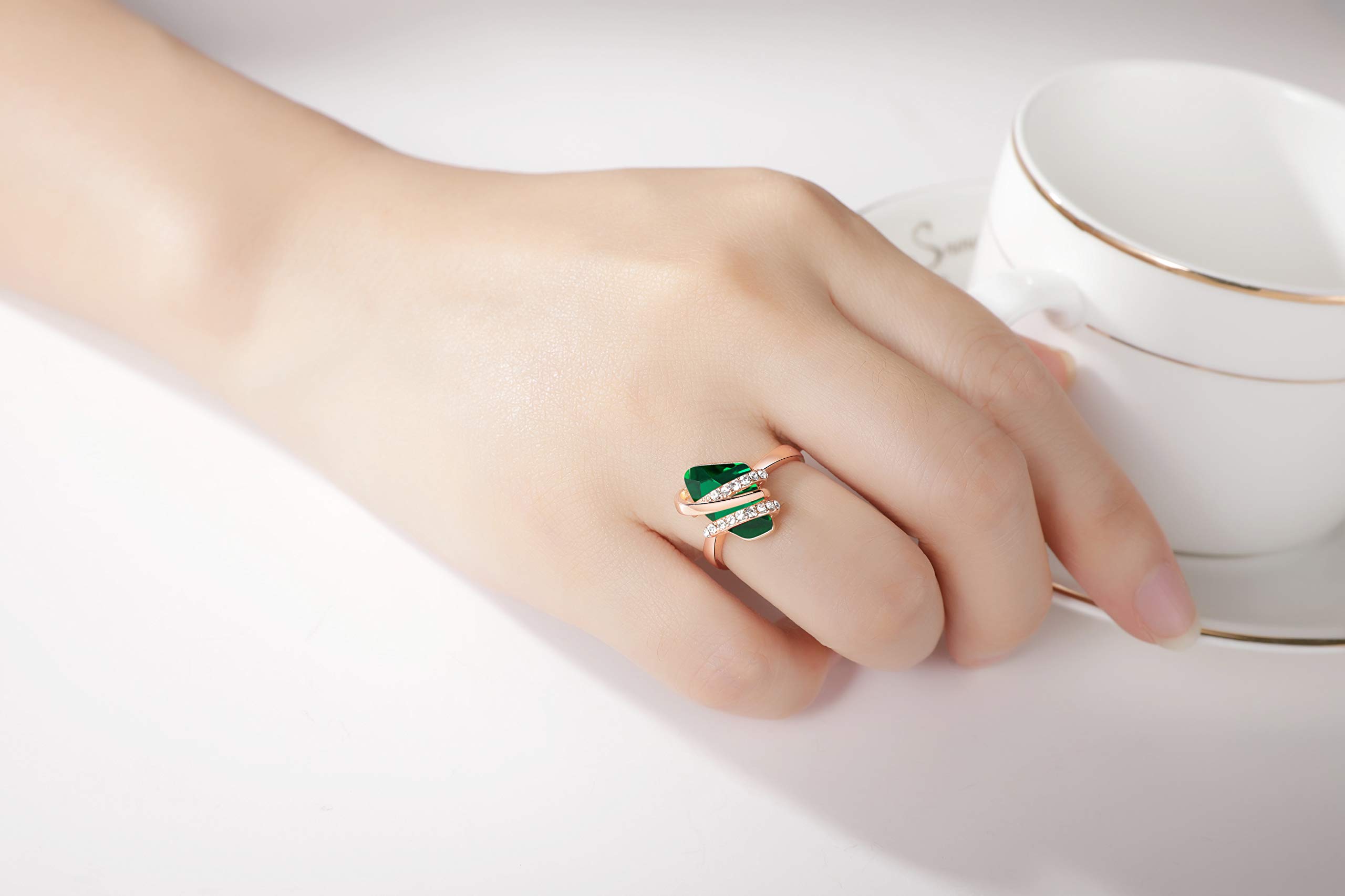 Leafael Wish Stone Women's Adjustable Crystal Open Ring (Emerald Green Rose Gold Plated) Gifts for Women May Birthstone Jewelry, Size 6.5-8