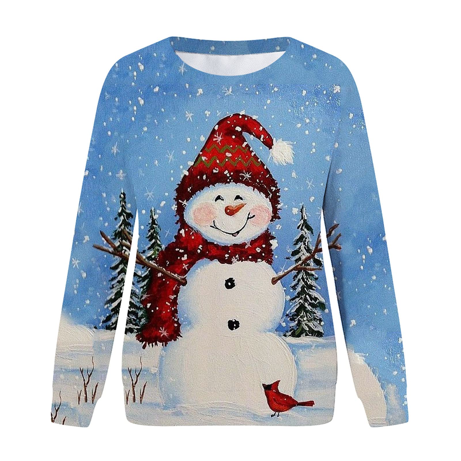 Miximx Womens Christmas Tops Cute Printed Tshirts Long Sleeve Pullover Casual Crewneck Sweatshirt Loose Comfy Tops Light Blue