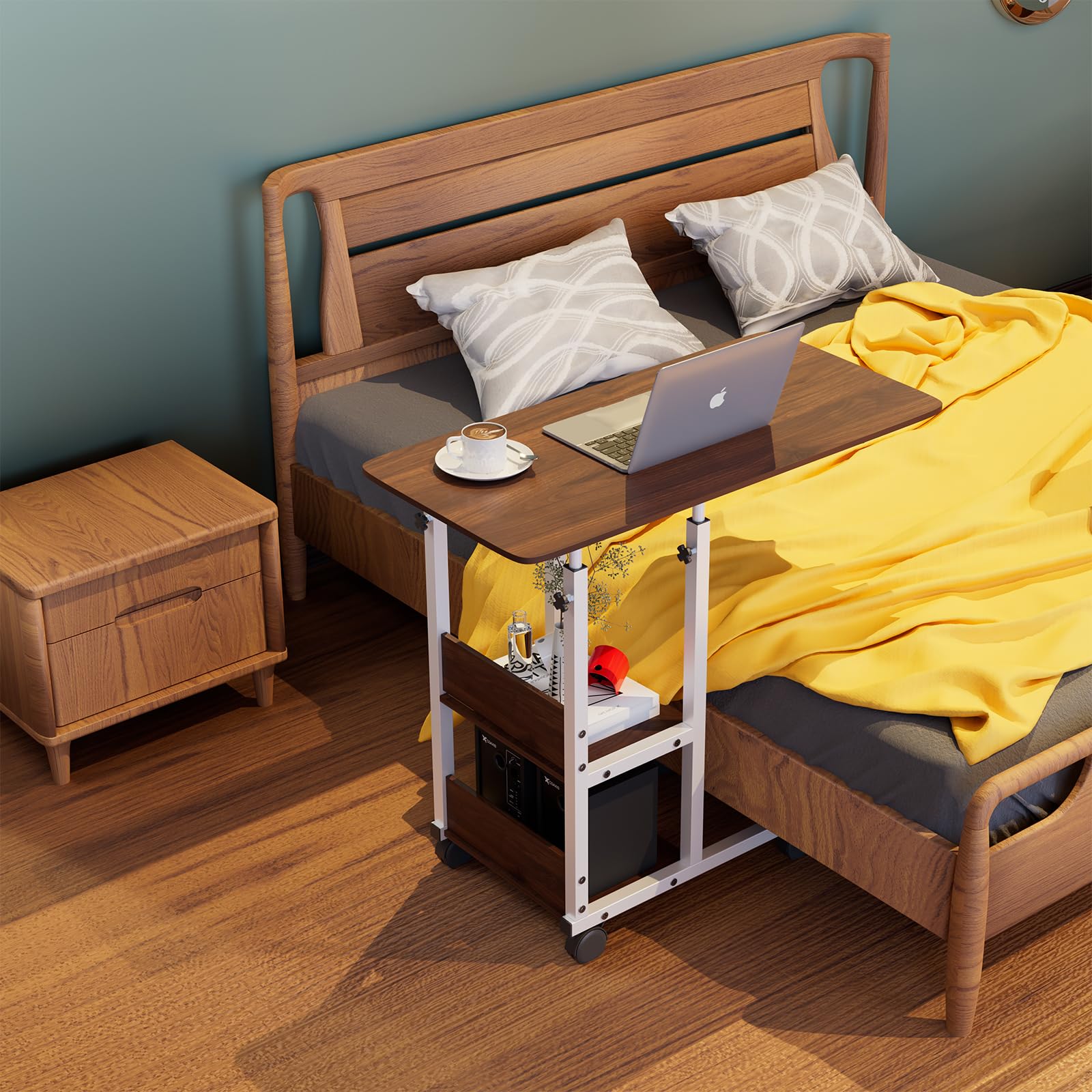 JACENHONE Home Office Desk Height Adjustable End Table Creative Laptop Cart Side Table with Wheels & Storage Shelves for Study Room Bedroom Living Room 16" D x 31" W x 33" H (Walnut)
