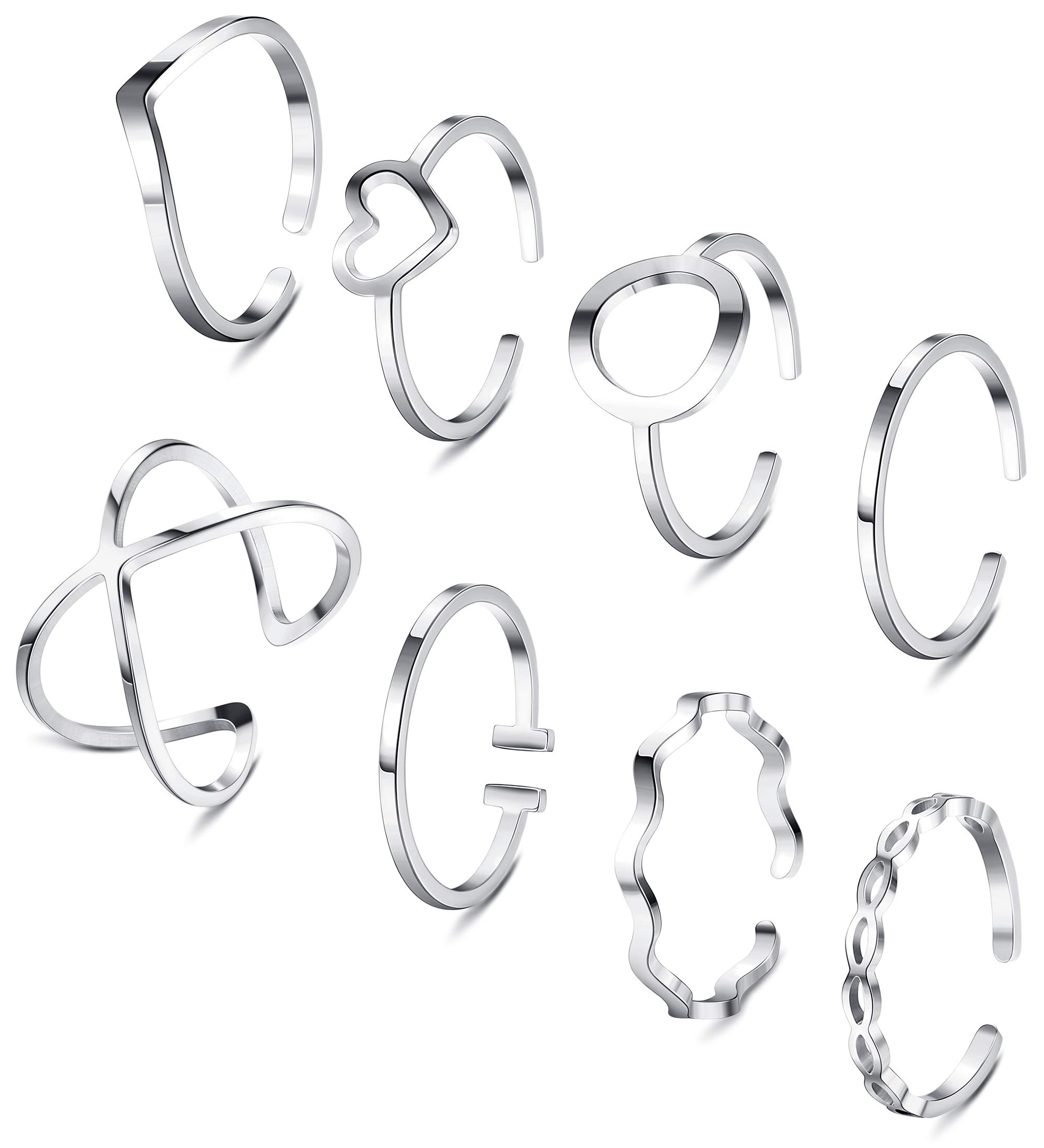 LOYALLOOK 8Pcs Simple Knuckle Stacking Midi Ring Set for Women Stainless Steel Women's Fashion Band Midi Rings Adjustable Size