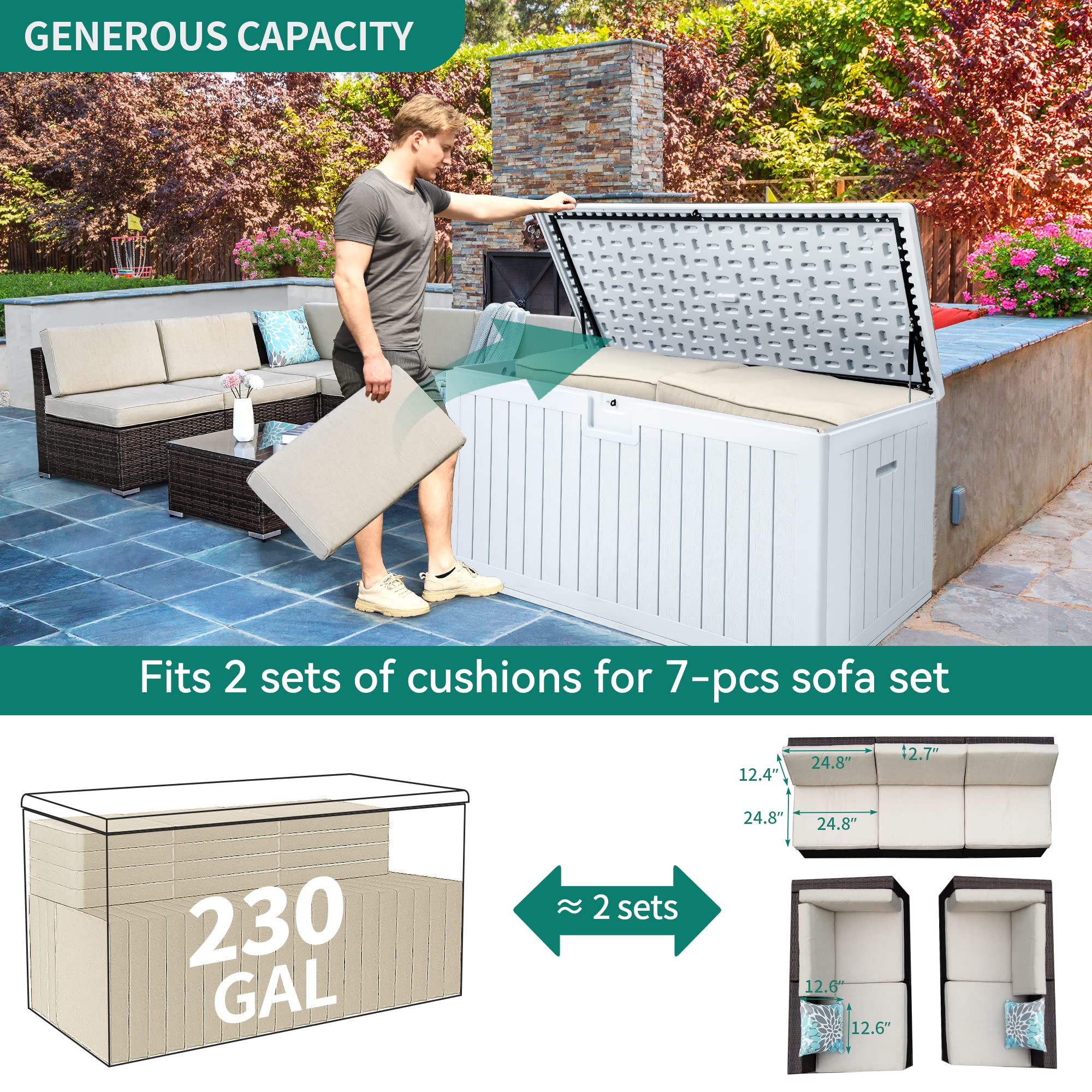 YITAHOME 90 Gallon Large Deck Box with Side Handles, Outdoor Double-Wall Storage for Patio Furniture Cushions, Garden Pool Accessories, Water Resistant & Lockable