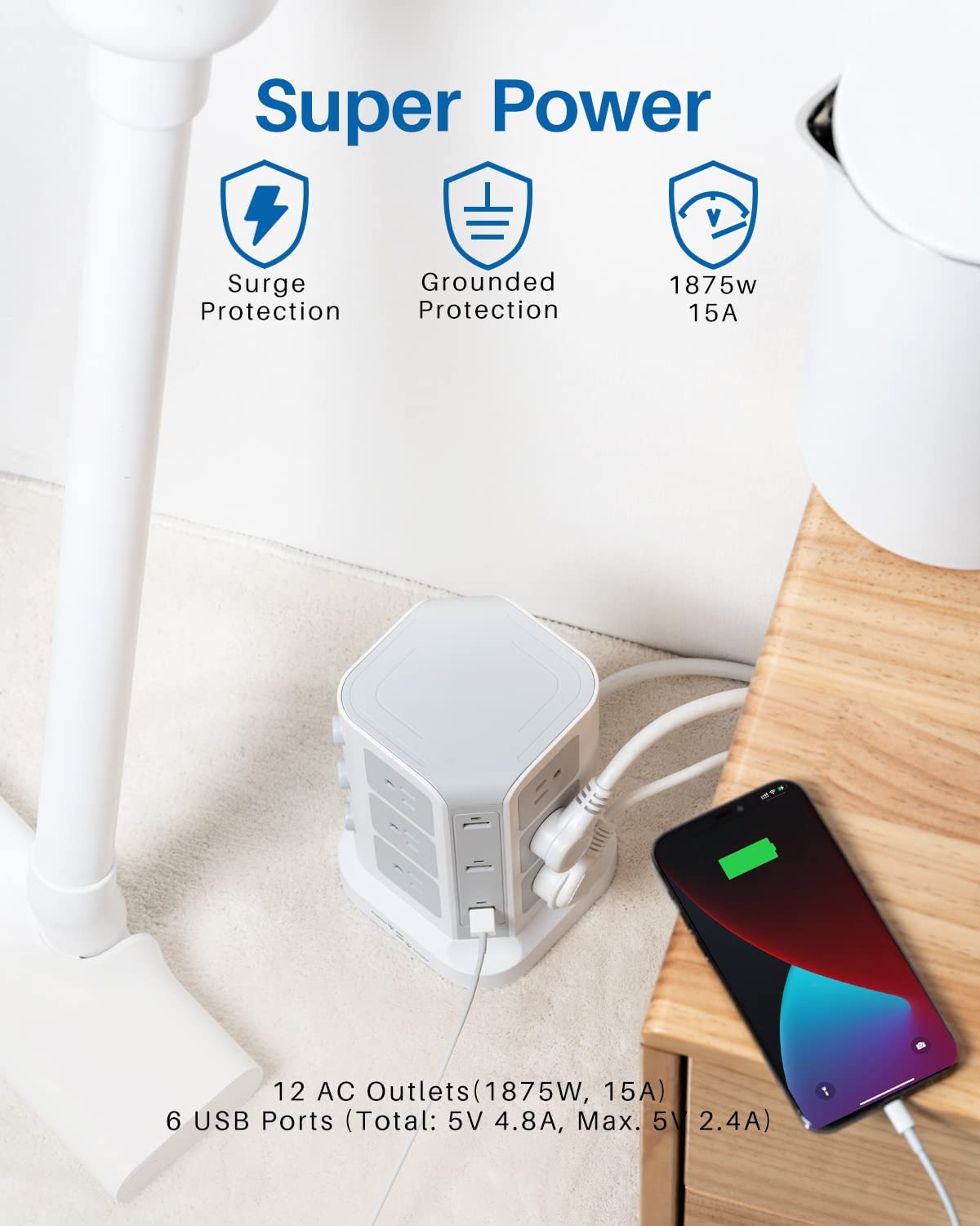 Surge Protector Power Strip Tower 16.4 FT + 6.5 FT, [1500 Joules] 12 Widely Spaced AC Outlets with 6 USB Ports Charging Station White