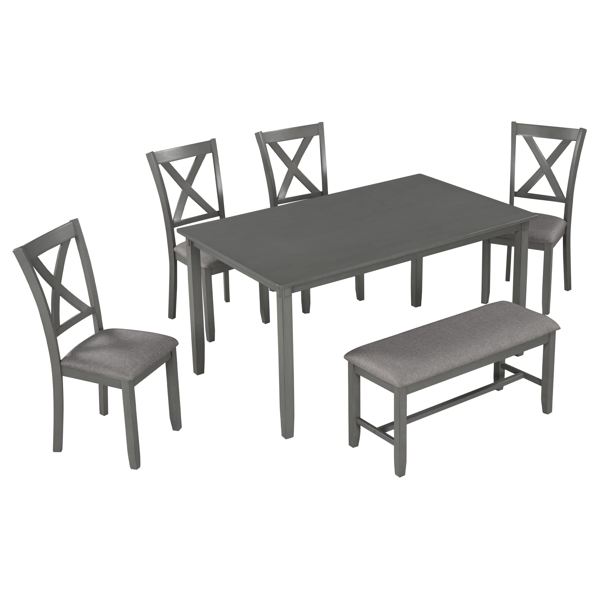 KoiHome 7-Piece Retro Shaped Legs, 6 Upholstered Chairs with Seat Cushion, Wood Kitchen Table Set for Dining Living Room Furniture (Gray+White)