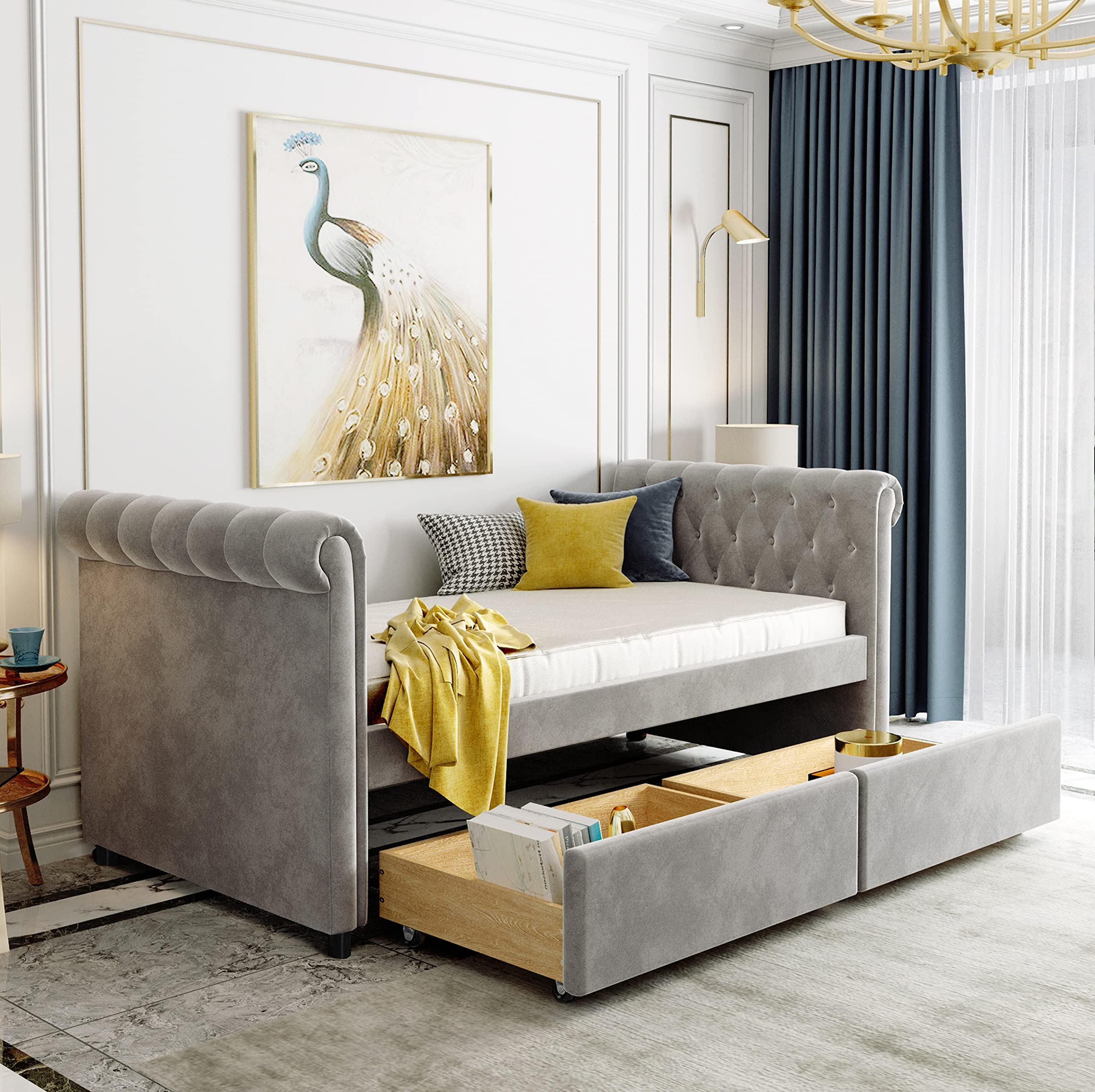 Merax Daybed Bed Frame with Upholstered Armrest and Wood Slats No Box Spring Needed, Dual-Use Sofa for Bedroom or Living Room