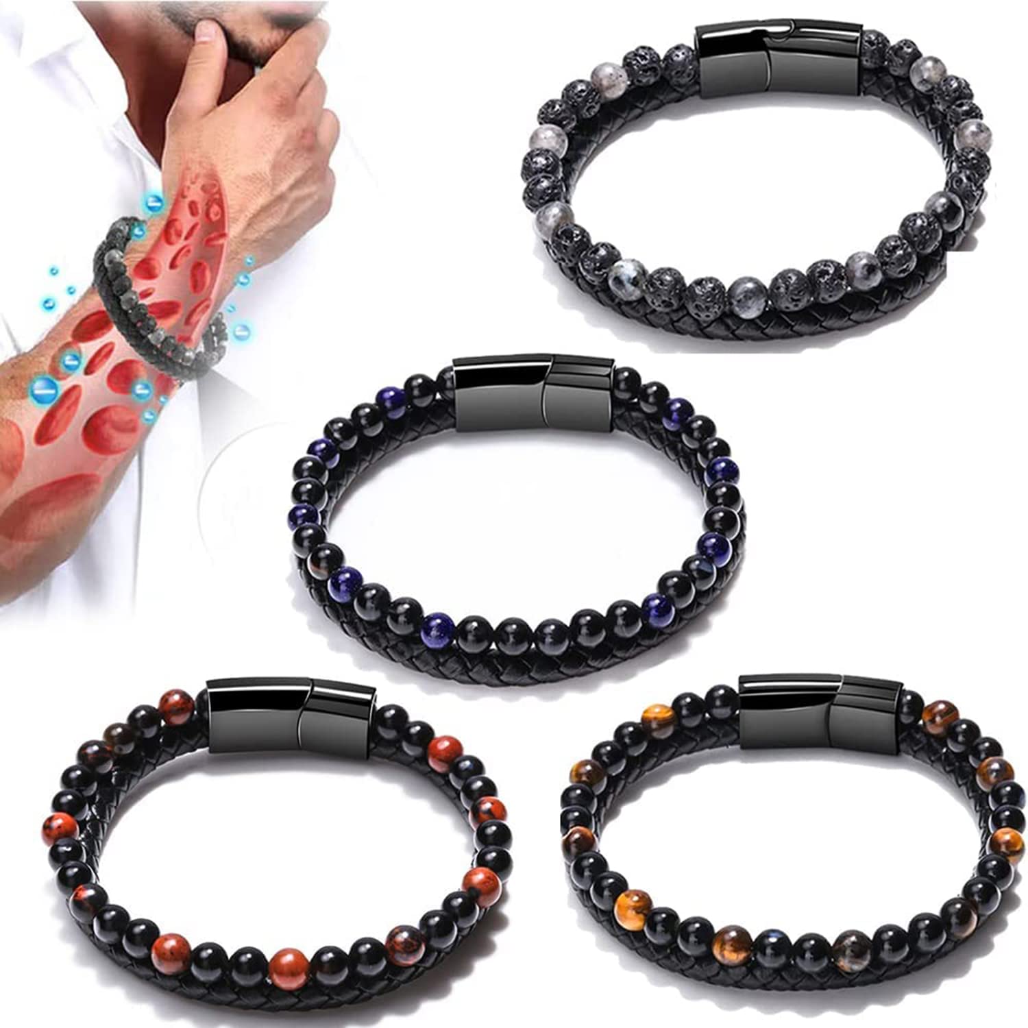 Somush Humanic+ Pro MAXHematie Beaded Bracelets,Humanic+ MAXHematie Beaded Bracelets,Humanic+ Beaded Bracelets,Natural Crystal Beaded Bracelets Bangles Thermogenic Therapy for Women Men (4PC) (black)