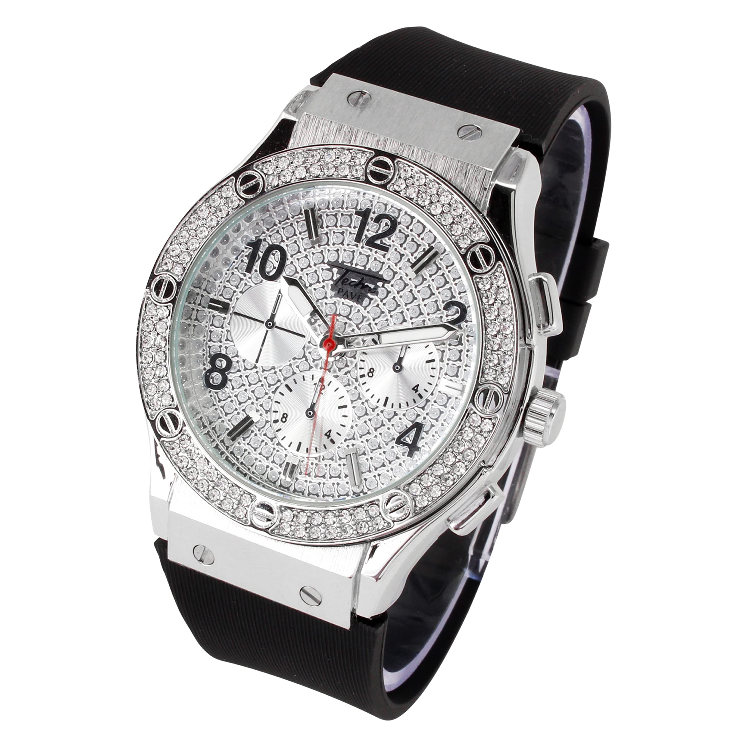 Mens Bust Down 43mm Iced Out Silicon Band Silver Watch with Chronograph Display and CZ Pave Diamonds - Solid Metal Case and Black Adjustable Band - Inspired by Rapper & Hip Hop Fashion