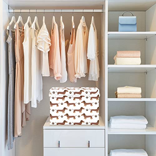 Vnurnrn Collapsible Storage Bins with Lids, Dachshund Dog Paw Print Foldable Storage Boxes, Storage Box Cube with Lid for Clothes,Bedroom,Toys,16.5x12.6x11.8 Inch