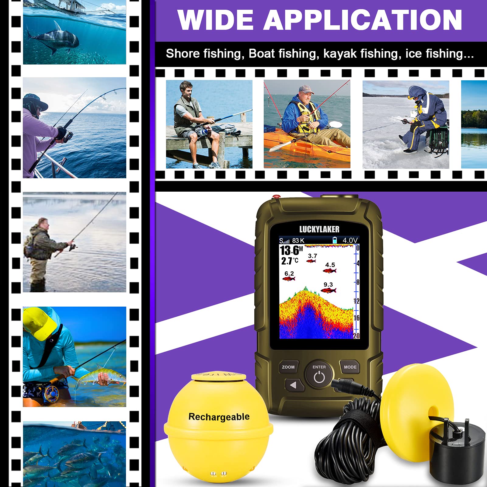LUCKYLAKER Boat Transducer Fish Finders Sonar Wireless Handheld Depth Finder Kayak Waterproof Display Fish Finders Sensor Wired Ice Fishing