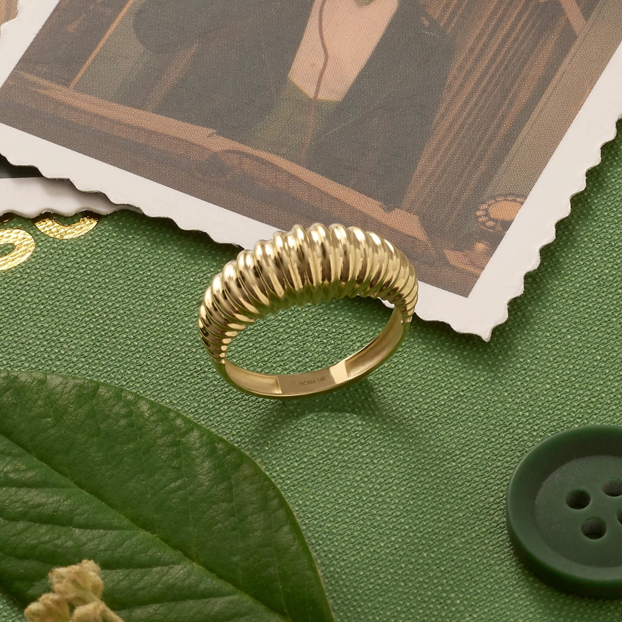 Norm Jewels Chunky Statement Ring in 14k Solid Gold Ribbed Dome Ring for Women Men Comfort Fit (Yellow Gold, 7.5)