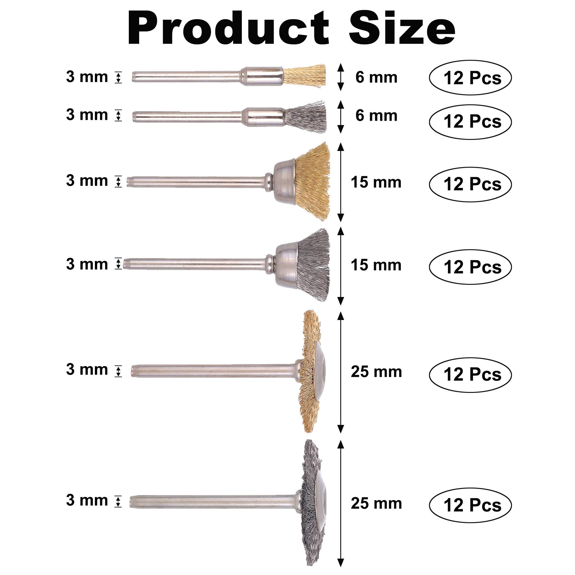 Rocaris 72 Pack Wire Wheel Brushes Set, Brass and Steel Wire Brush Set 1/8" Shank for Rotary Tools Accessories Polish Clean Tools