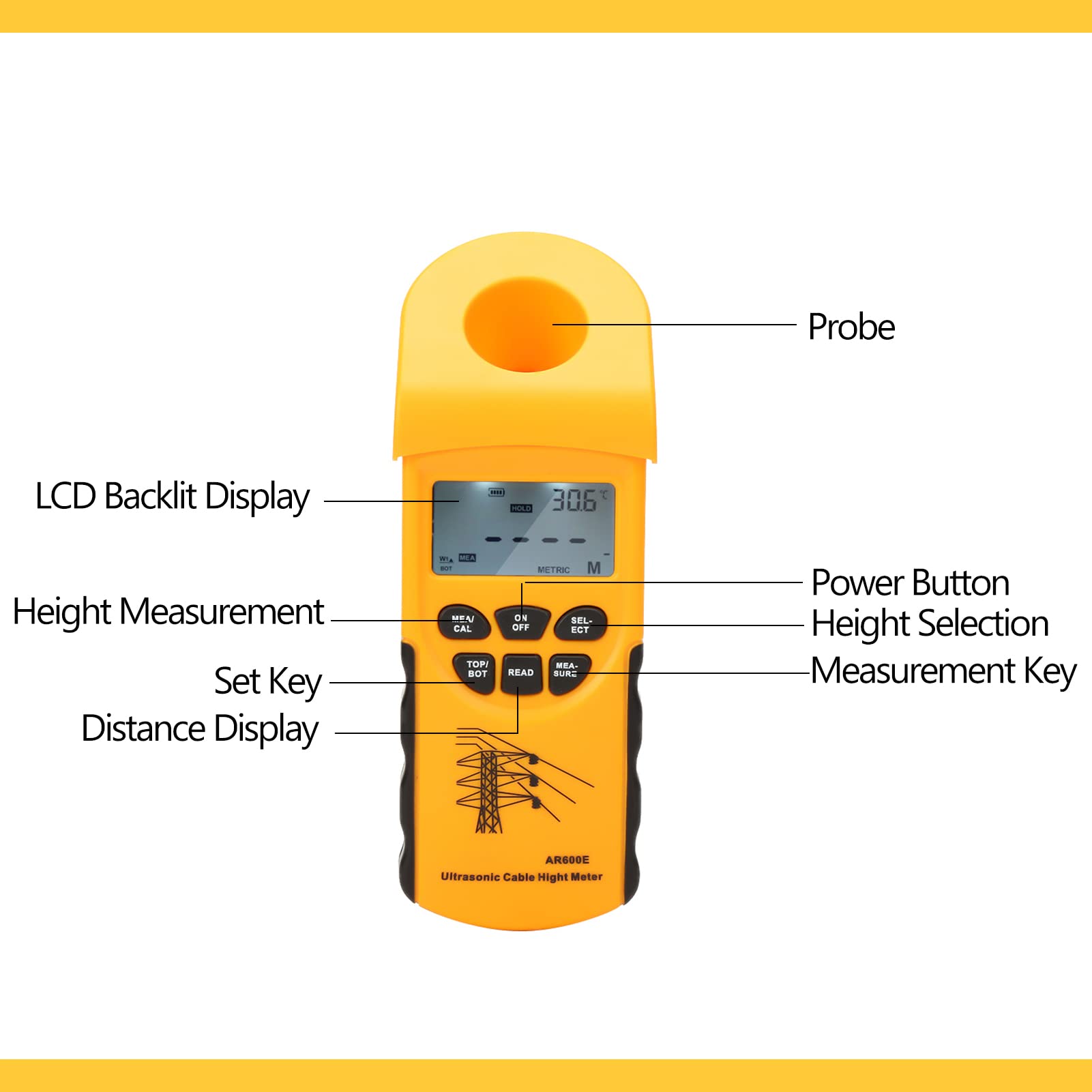 Ultrasonic Cable Height Meter Smart Sensor AR600E LCD Display 6 Cables 3-23m Measurement Ultrasonic Cable Height Meter Height Measuring Instruments