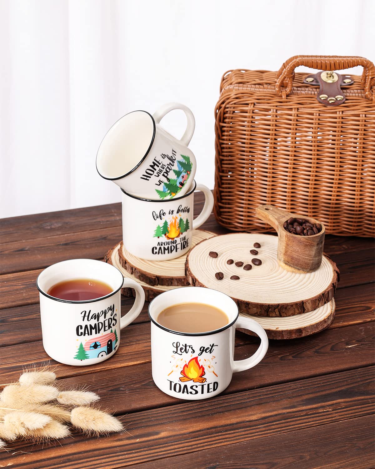 Nefelibata Camping Coffee Mug Set of 4 Happy Campers Campfire Tea Cups for Coffee, Tea, Milk Travel Ceramic Mug Camping Lover Holiday Gifts