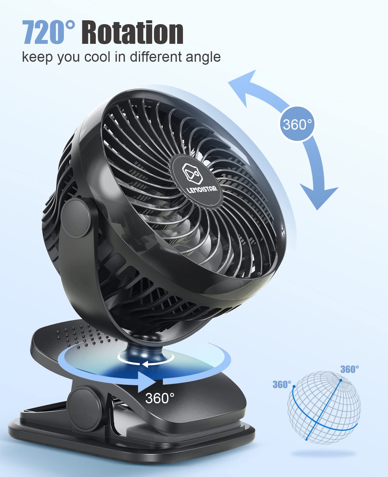 LEMOISTAR AA Battery Operated Clip on Fan, Stroller Fans, USB Powered Portable Desk Fan 4 Speeds Personal Golf Cart, Small Table Fan, Wireless, for Camping Hurricane Office Bed-Black