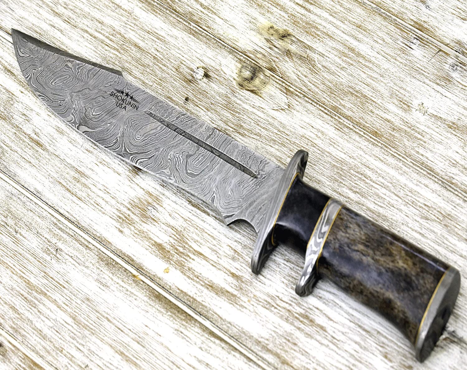 SHOKUNIN USA Bowie knife, 13.0",Handmade Hunting Knife, Bone Handle, Hand Stitched Leather Sheath