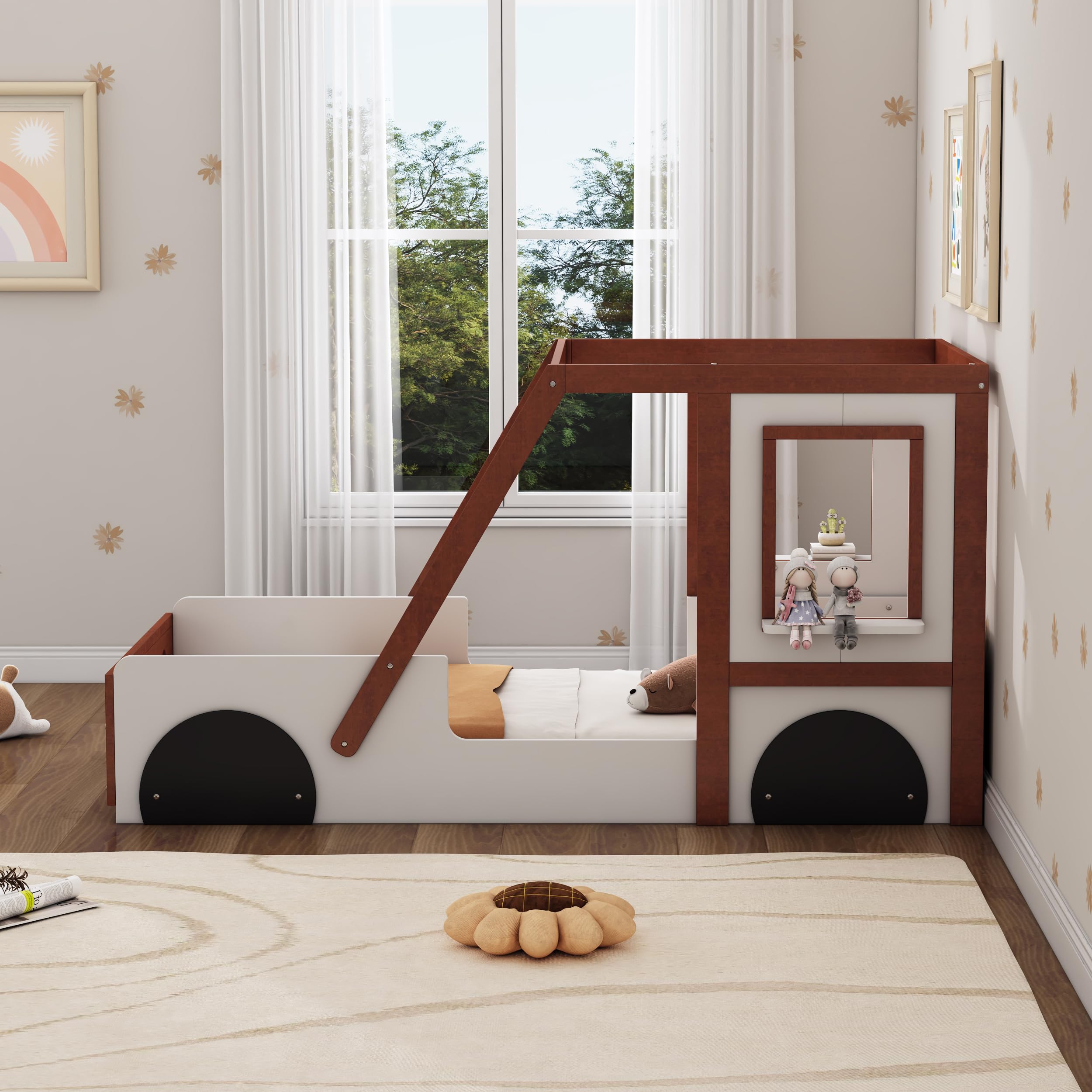 Twin Size Floor Car Shaped Bed Frames with 2 Windows and 4 Wheels for Kids Boys Girls Teens, Fun Play Design Toddler Bedframe w/ Safety Guardrails, No Box Spring Required, Gifts, Bedroom, White+Orange