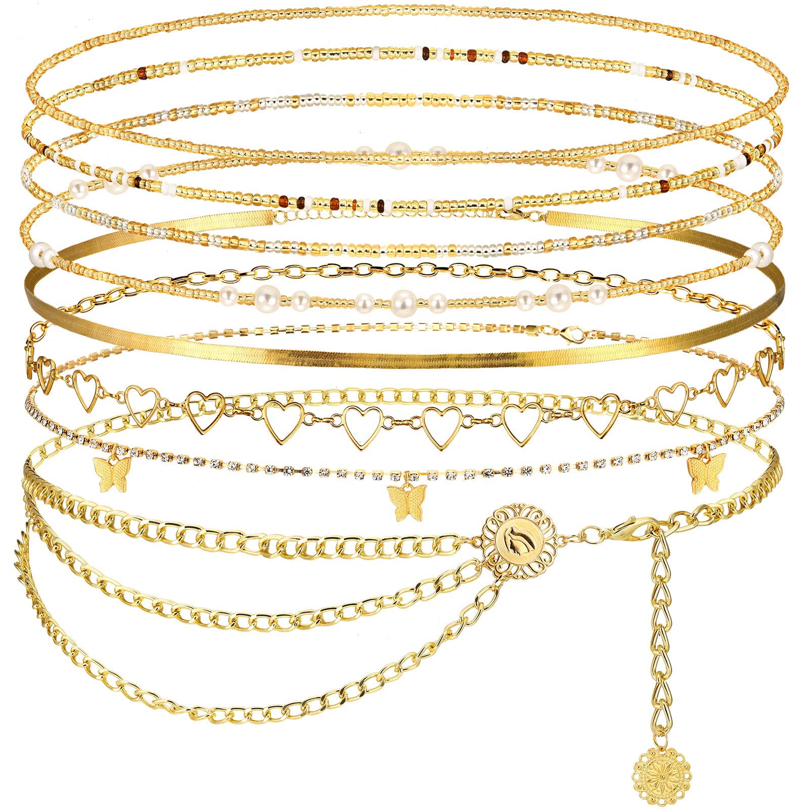 JenPen 8 Pcs Belly Chain Adjustable Elastic Waist Chain Boho African Waist Beads for Women Butterfly Heart Body Chain Multilayer Gold Chain Belt Bikini Jewelry, One Size