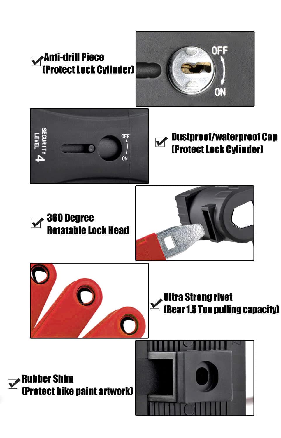 Premium Hardened Steel Bicycle Lock with Enclosed Lock Head Design Provides The Ultimate Protection Against Lock Picking, Electric Drills, Hammers, and Bolt Cutters (Red)