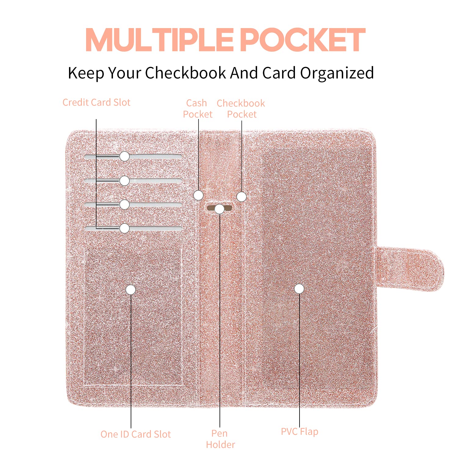 MCmolis Checkbook Cover(2021Edition)- Leather Standard Register Checkbook Case With Magnetic Closure Check Book Cover Holder Wallet for Women-Glitter Rose Gold