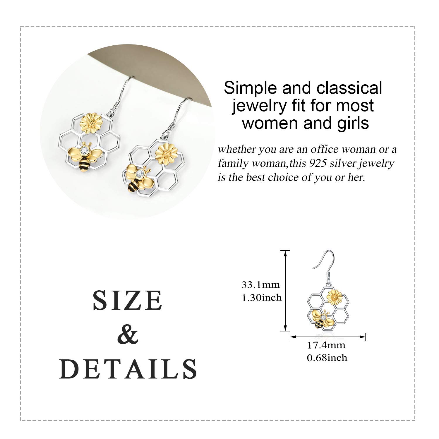 LUHE Honeycomb with Bee Stud Earrings 925 Sterling Silver Beehive and Bee Earrings for Women (bee earrings) (B-Bee earrings)