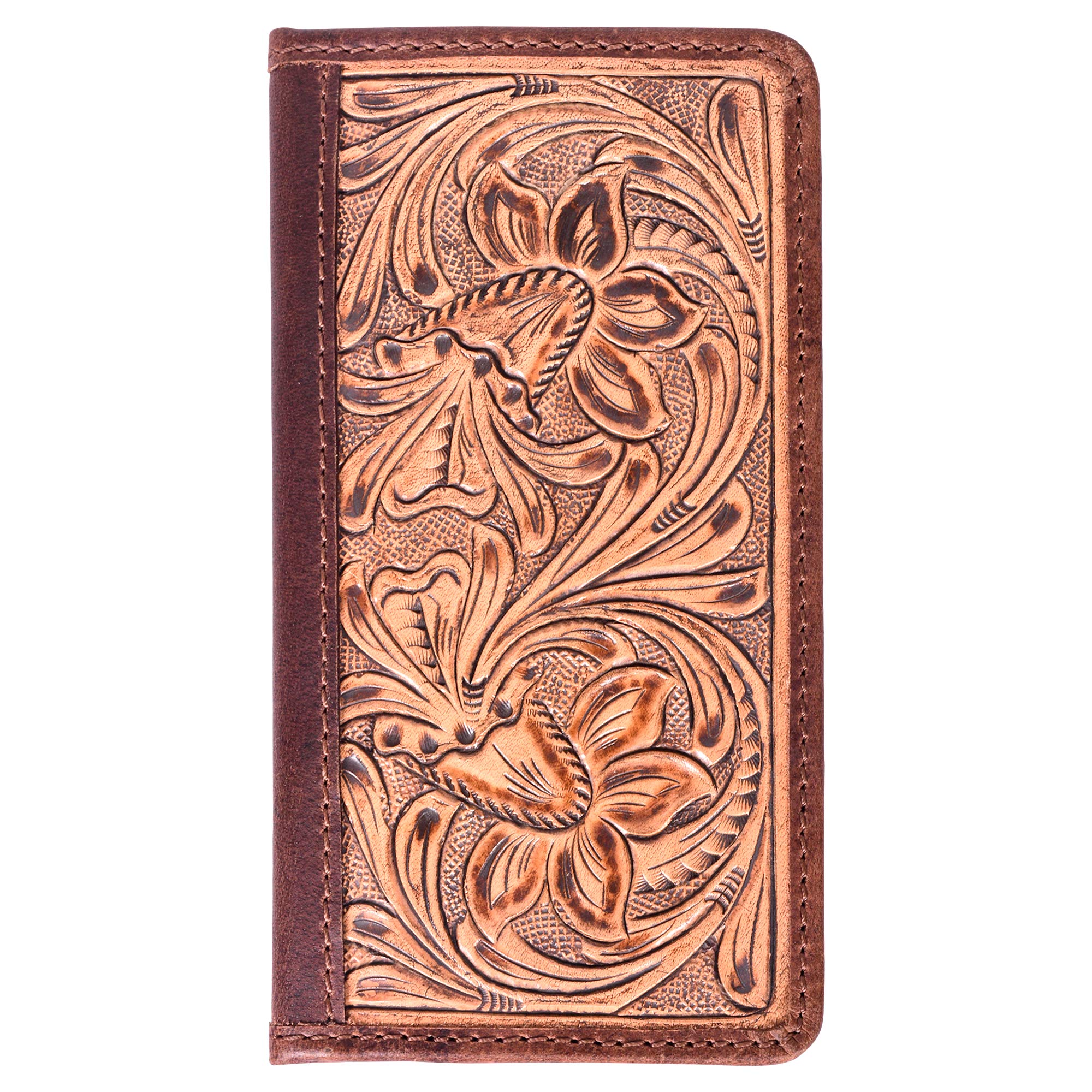 Mens Tooled Leather Wallet – RFID-Blocking Long Wallets for Men - Full Grain Leather Cowboy Wallets for Men – Floral Tooled Mens Western Wallets w/ Credit Card Sleeves - Country Western Gifts for Men