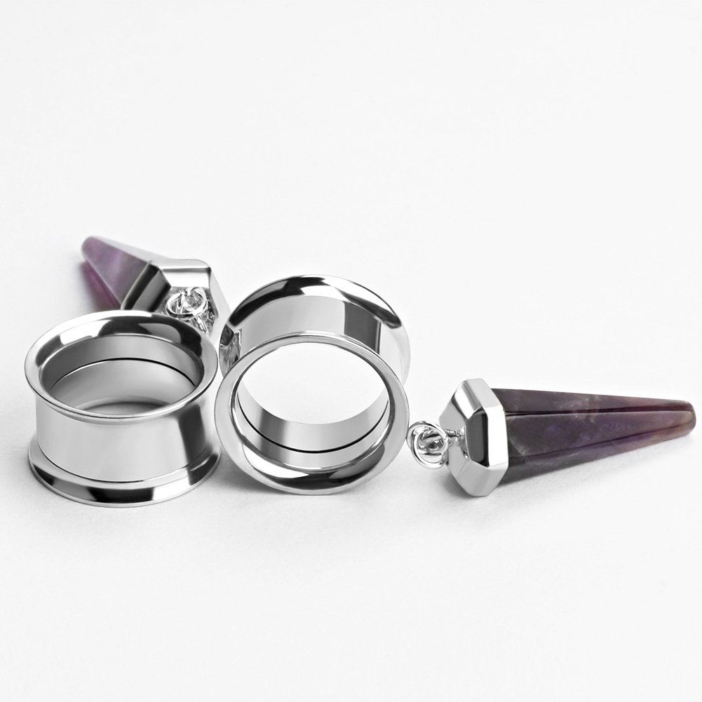KUBOOZ(1 Pair Amethyst-stone Pendant Stainless Steel Ear Plugs Tunnels Gauges Stretcher Piercings 0g