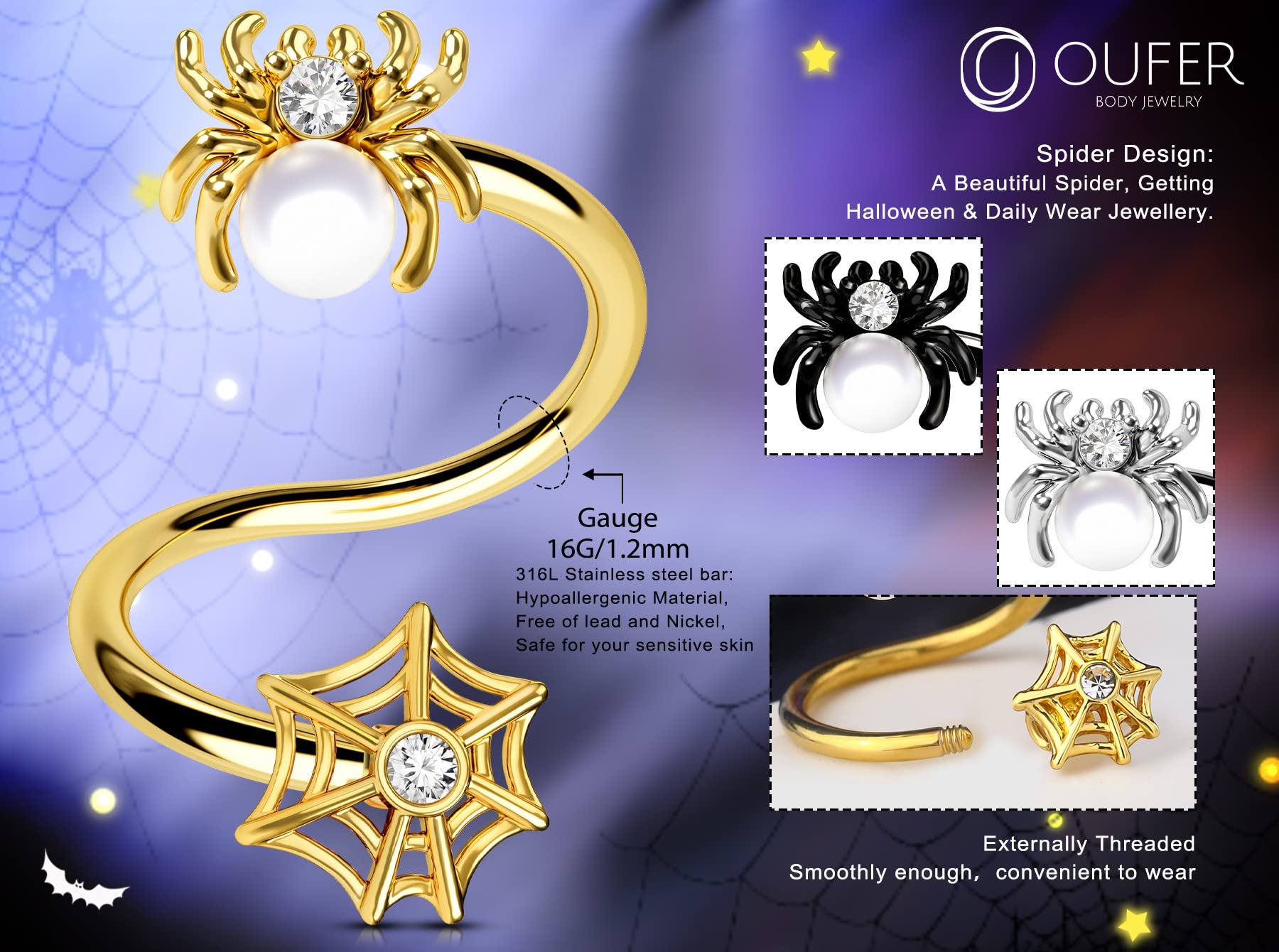 OUFER Twist Helix Earrings, 316L Stainless Steel Spider & Cobweb Elements Helix Piercing Jewelry, 16G Twist Lip Labret type Upper Lobe Earrings-Gold