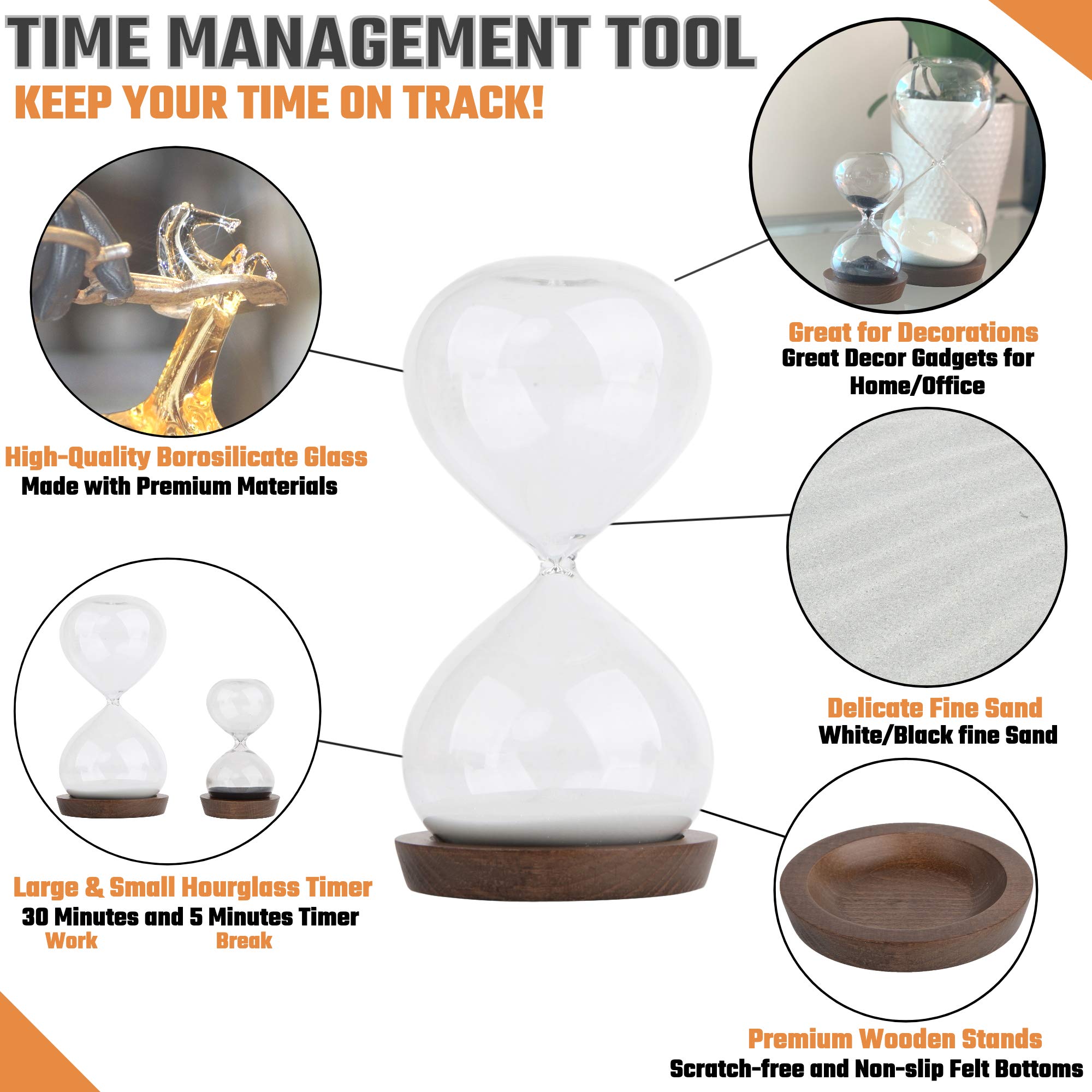 Sand Hourglass Timer Hour Glass– with Balls Desk Toy Sculpture – 30 min and 5 Minute Sand Clock for Office, Home, Desk Decor (Black and White)