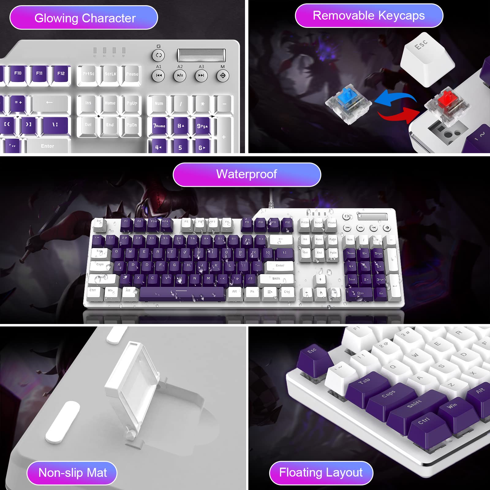 Mechanical Gaming Keyboard Hot Swappable with Multi Monochromatic Backlight 104 Key Anti-ghosting Ergonomic Metal Plate Multimedia Key USB Wired for PC Mac Gamer Office Typist(White Purple/Red Switch)