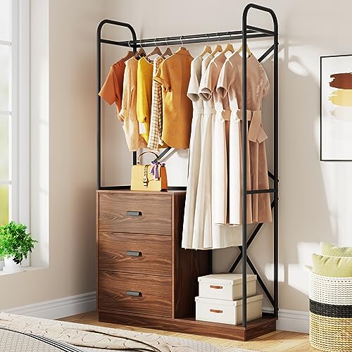 Tribesigns Freestanding Clothes Rack with 3 Drawers, Industrial Garment Rack Wardrobe Closet with Hanging Rod, Heavy Duty Wood Closet Organizer for Bedroom