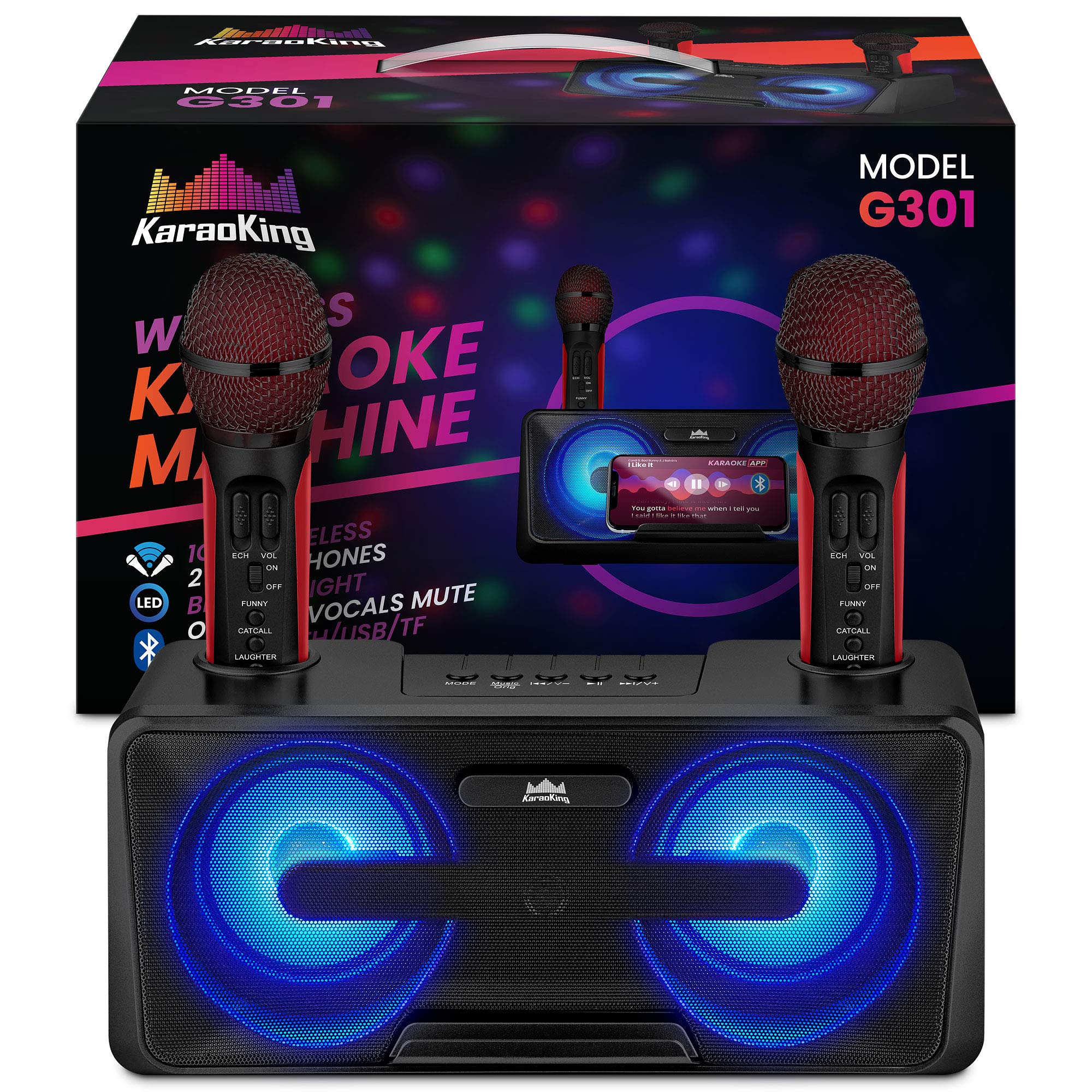 KaraoKing New 2020 Karaoke Machine – for Adults and Kids – 2 Wireless Karaoke Microphone, SD Card, USB, Bluetooth Compatible, LED Lights – Home, Bachelor Party, Picnic, Outdoor/Indoor [G301 Black]