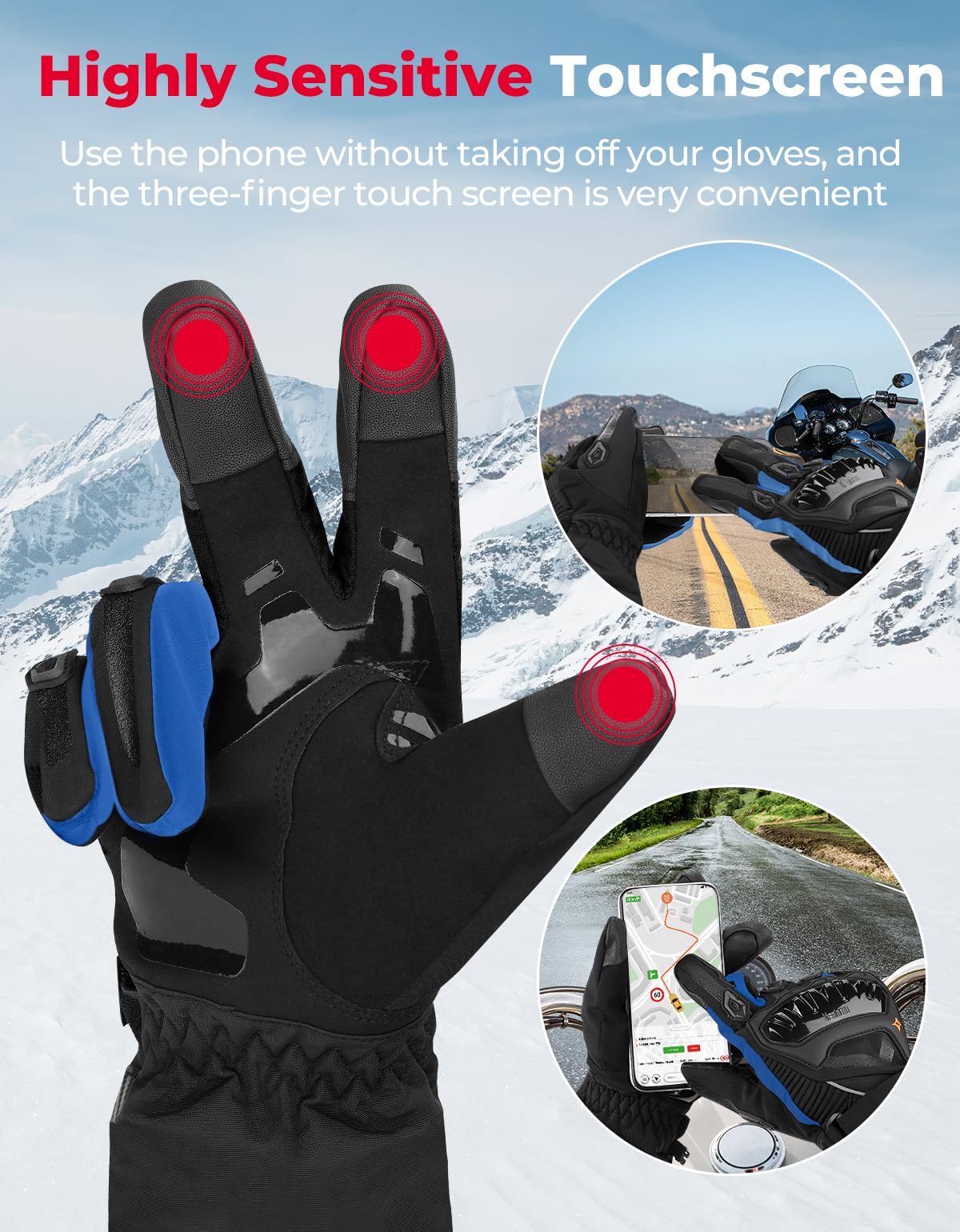 KEMIMOTO Winter Motorcycle Gloves, Rainproof Riding Gloves with Touchscreen, Motorcycle Winter Gloves for Men, Warm Motorcycle Gloves for Riding, ATV, UTV, Snowmobile - Blue, Large