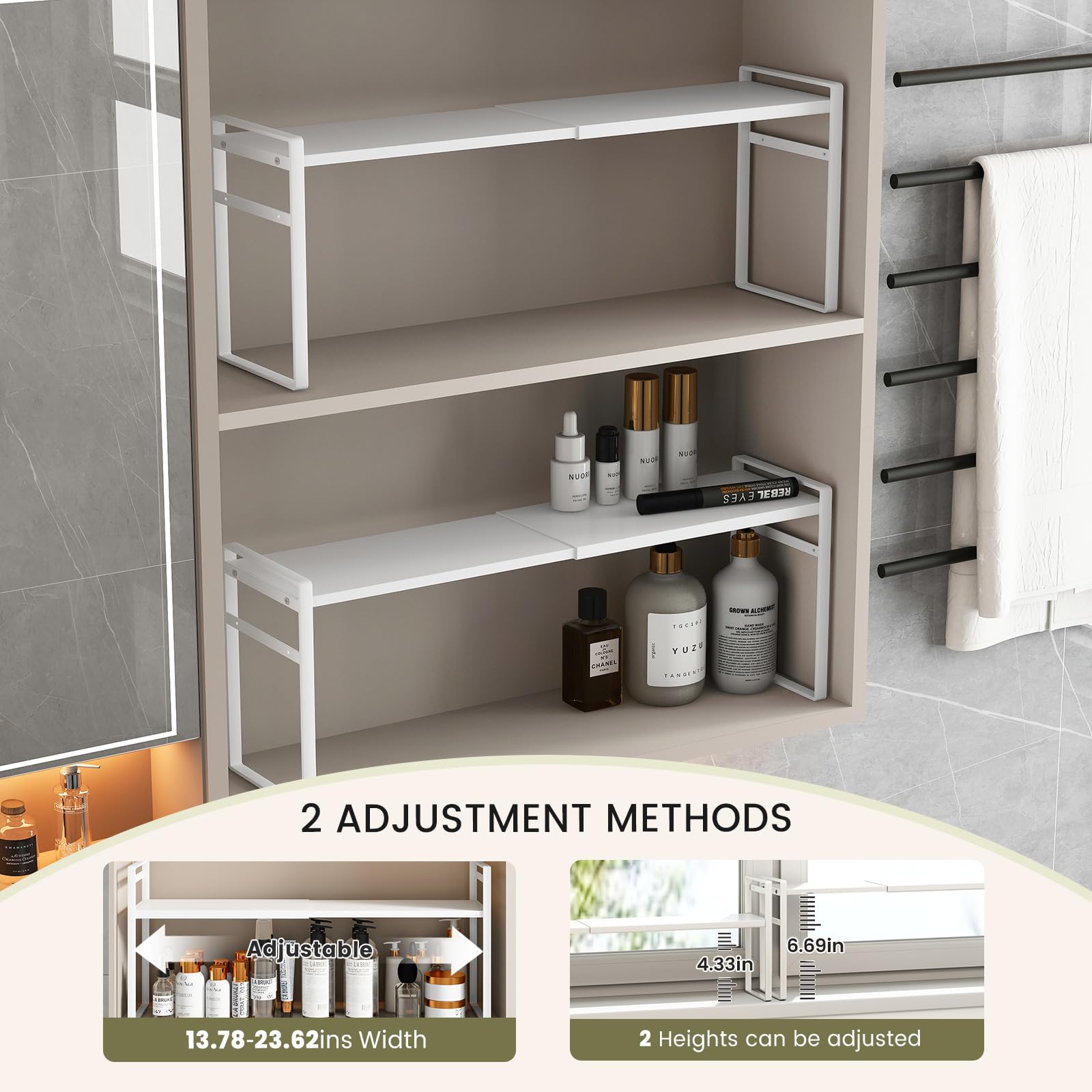 WOCHUANGSI 1pcs Medicine Cabinet Organizer Stretchable Storage Box For Bathroom Stackable Mirror Cabinets Vanity Small Narrow Shelf Slim Trays Holder (White, Normal)