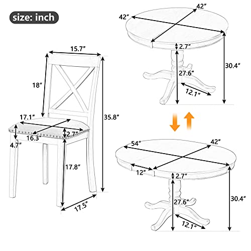 VilroCaz Modern Dining Table Set for 4, Expandable 42'' Round Dining Table and 4 Upholstered Chairs, Solid Wood 5 Piece Kitchen Dining Room Table Set, Home Family Breakfast Set (Antique White-R)