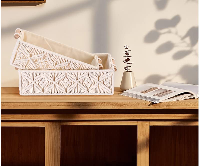 Macrame Storage Baskets Decor Box, Boho Woven Storage Basket, Countertop Toilet Tank Shelf Cabinet Organizer Boho Decor for Bedroom Nursery Livingroom