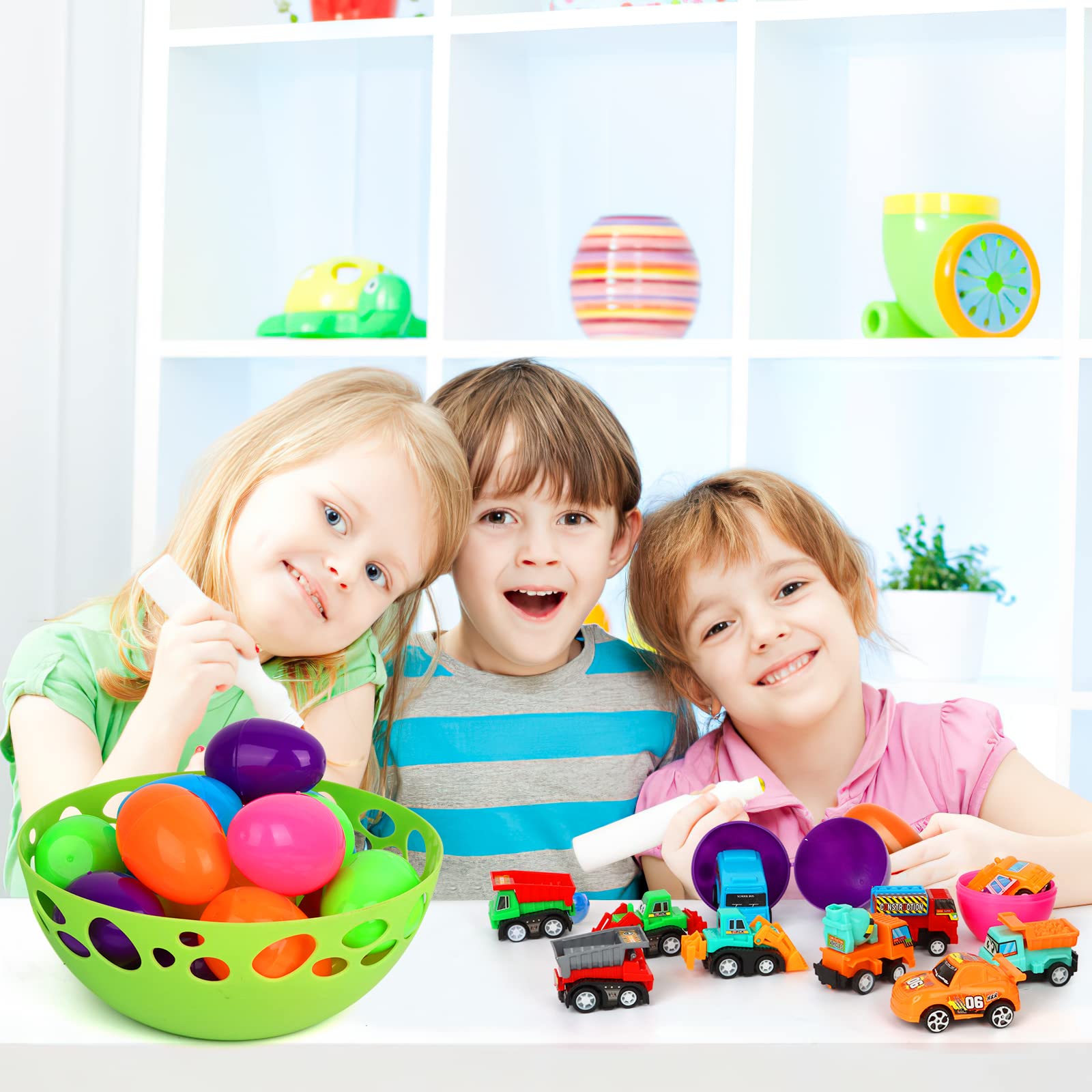 RAMXCION 24 Pack Easter Eggs Prefilled with Pull Back Cars Toy, Easter Egg Filled with Vehicle Toys for Easter Hunt Party Favor, Easter Basket Fillers, Classroom Activity for Kids (24 Pack)
