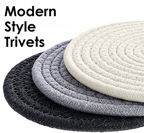 Trivets Pot Holders Set for Hot Dishes Set of 3, Hot Pads for Kitchen, 100% Cotton Trivets for Hot Pots and Pans, Spoon Rest for Cooking & Baking, Stylish Coaster & Hot Mats (Mix Grey 7 Inch Diameter)