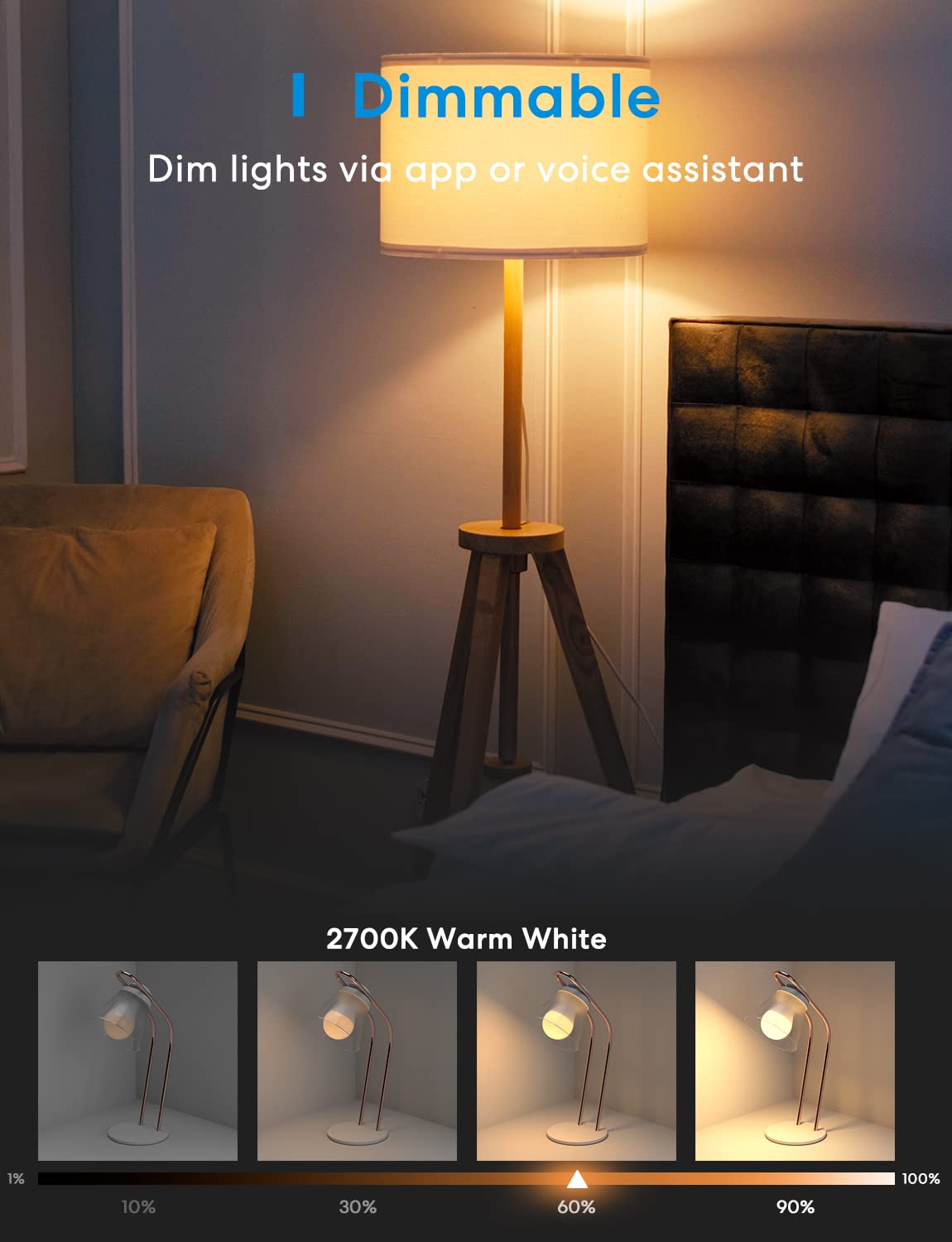 meross Smart Light Bulb, Dimmable WiFi LED Bulb Compatible with Apple HomeKit, Siri, Alexa, Google Home, SmartThings, A19 E26 Warm White 2700K, 810 Lumens 9W 60W Equivalent, No Hub Required, 2 Pack