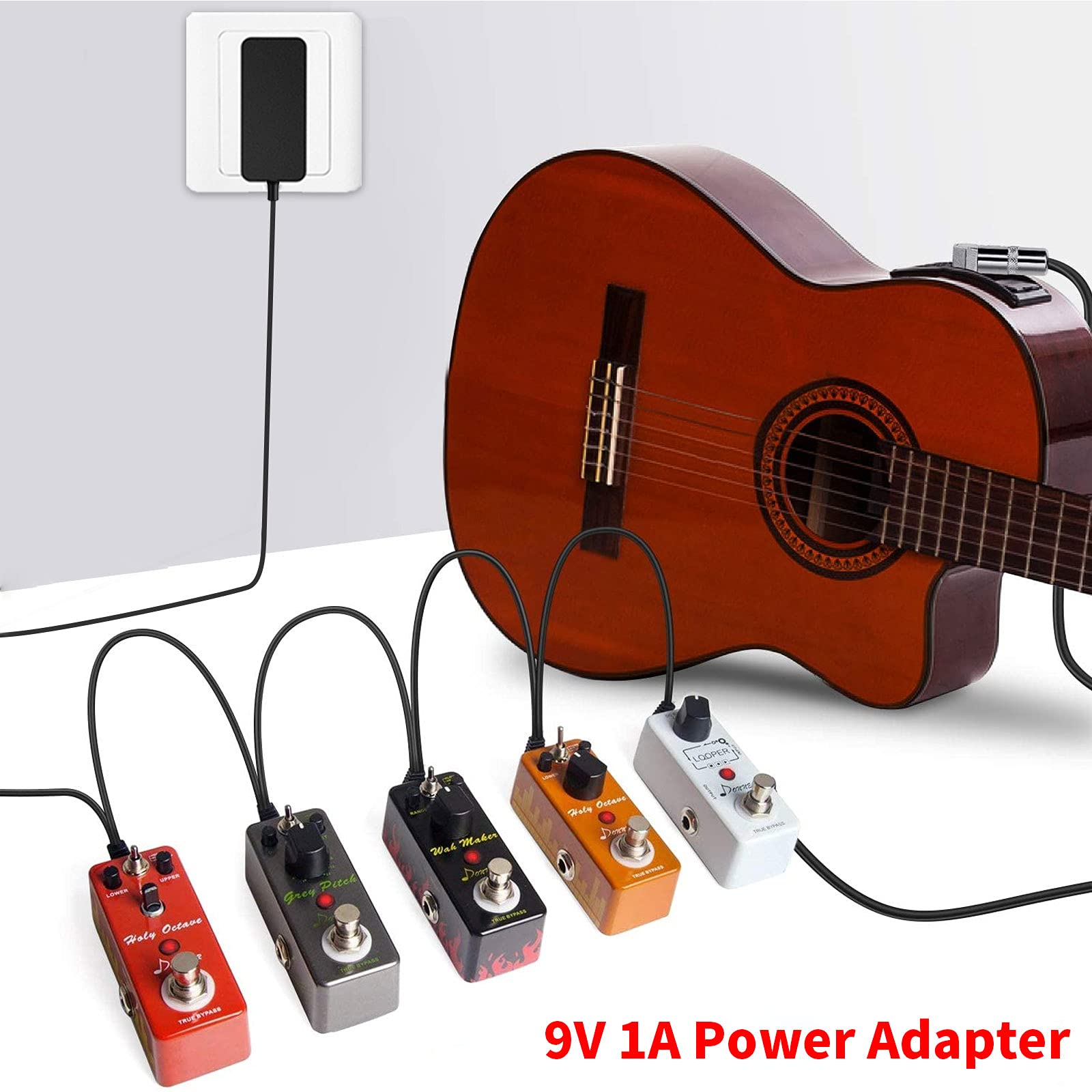 MEROM Guitar Pedal Power Supply 9V 1A AC DC Power Adapter Charger for Electronic Effects Booster Pedal Power Supply with Negative 5 Way Daisy Chain Cable