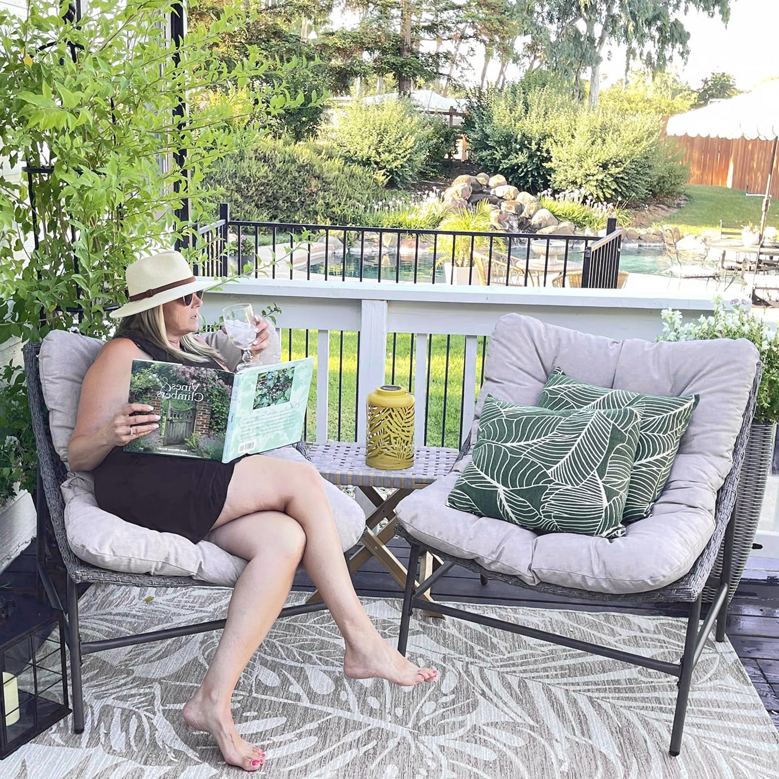 PHI VILLA Outdoor Papasan Chairs Set of 2, Oversized Scoop Wicker Chairs with Cushions & Steel Frame, Double Comfy Conversation Reading Chairs Furniture for Apartment Patio, Porch, Deck, Balcony